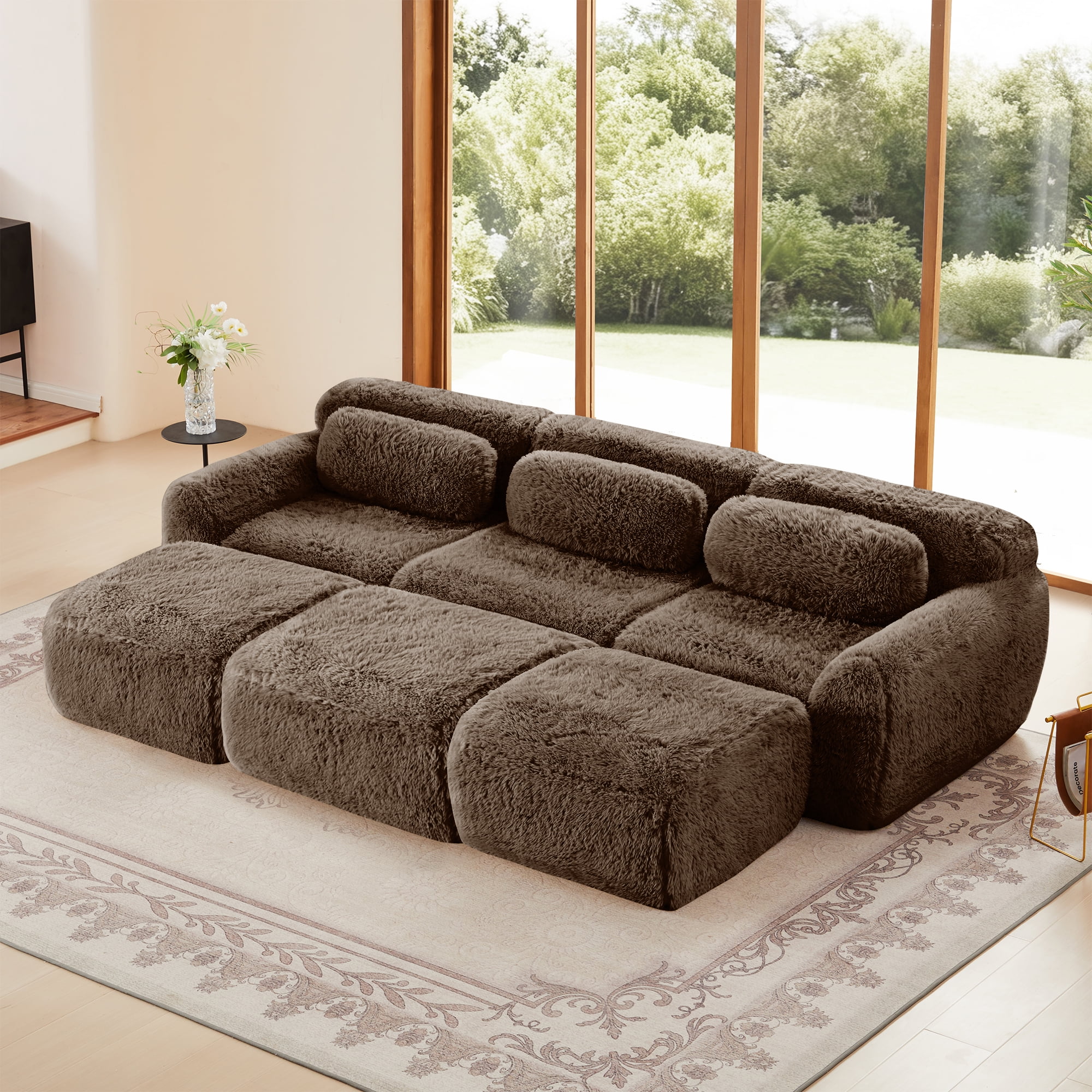 Aukfa 115" Faux Fur Modular Sectional Sofa, 6-Piece Deep Seat Chaise ...
