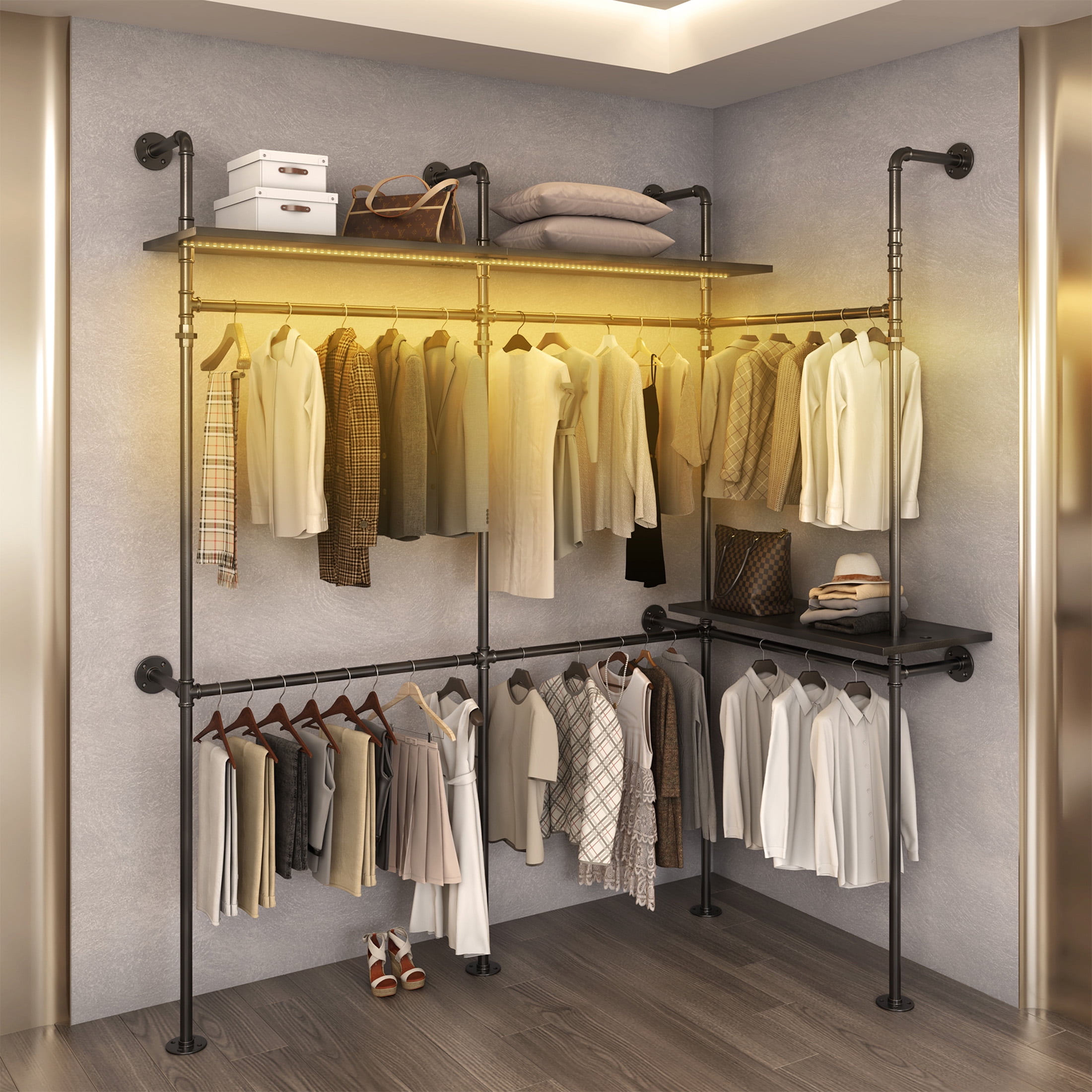 Aukfa 118" Industrial Pipe Clothing Rack with Lights, Shelves, Walk-in ...