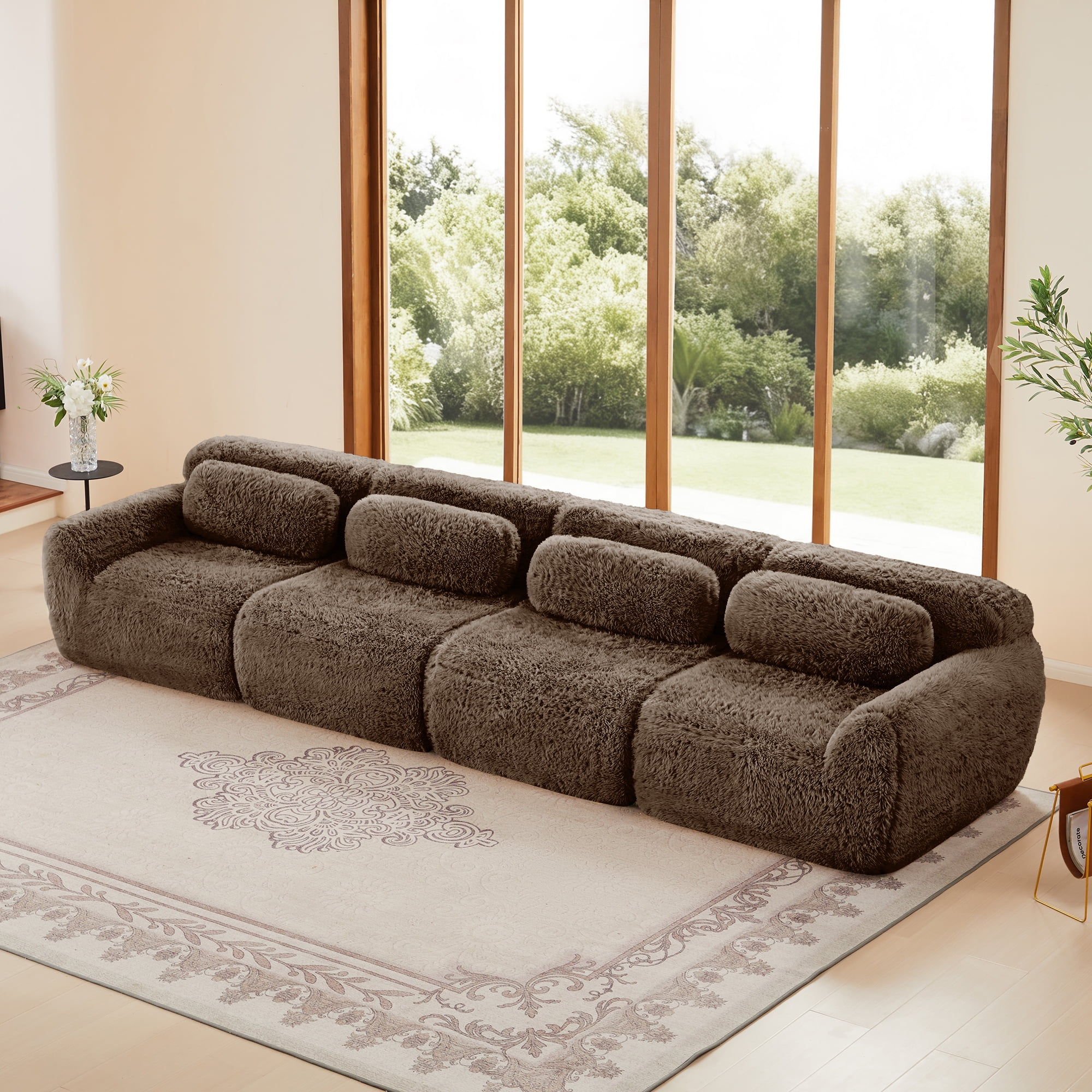 Aukfa 149" Faux Fur Modular Sectional Sofa, 4-Seater Deep Seat Boneless ...