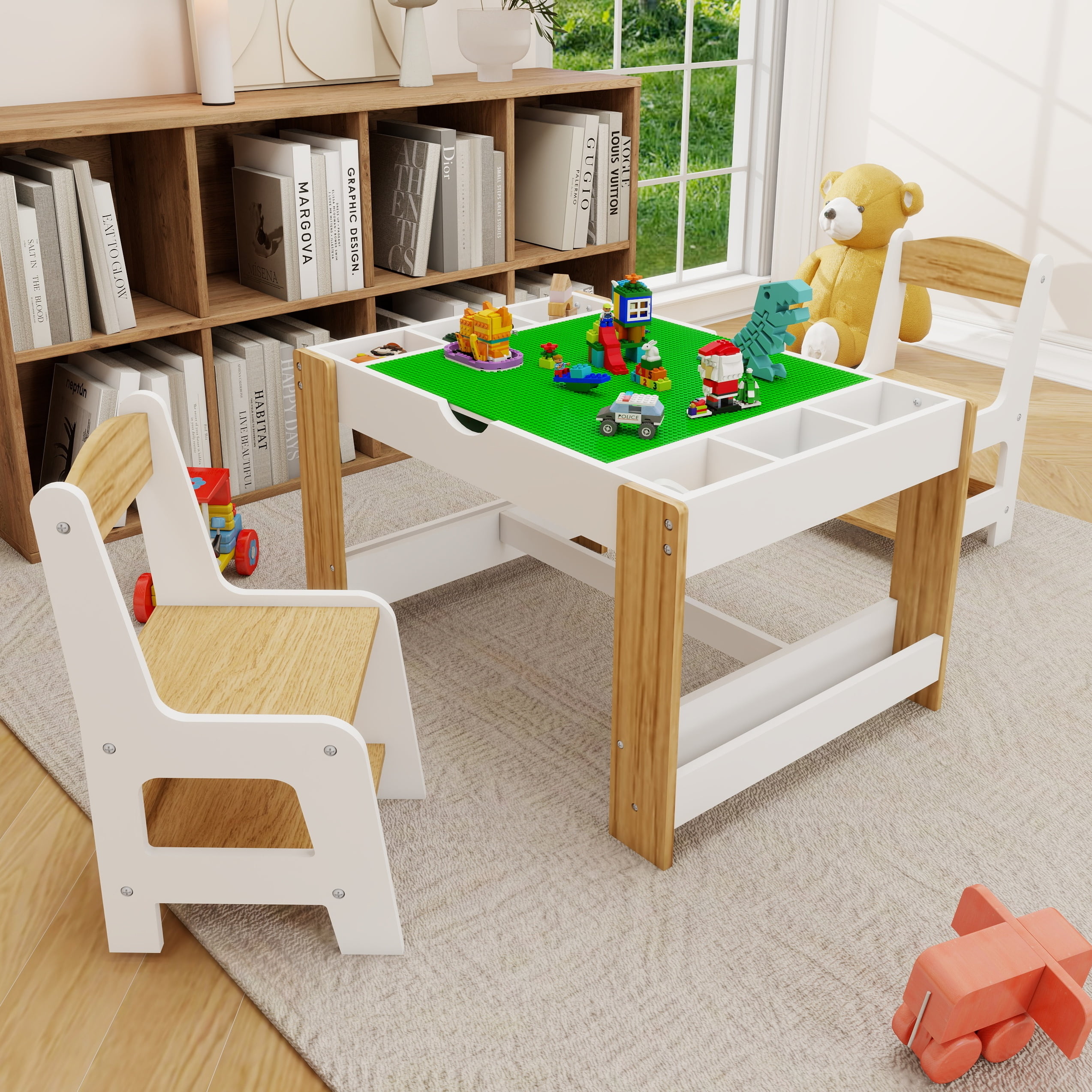 Aukfa 2 in 1 Play Table & 2 Chairs Set with 7 Storage Compartments ...