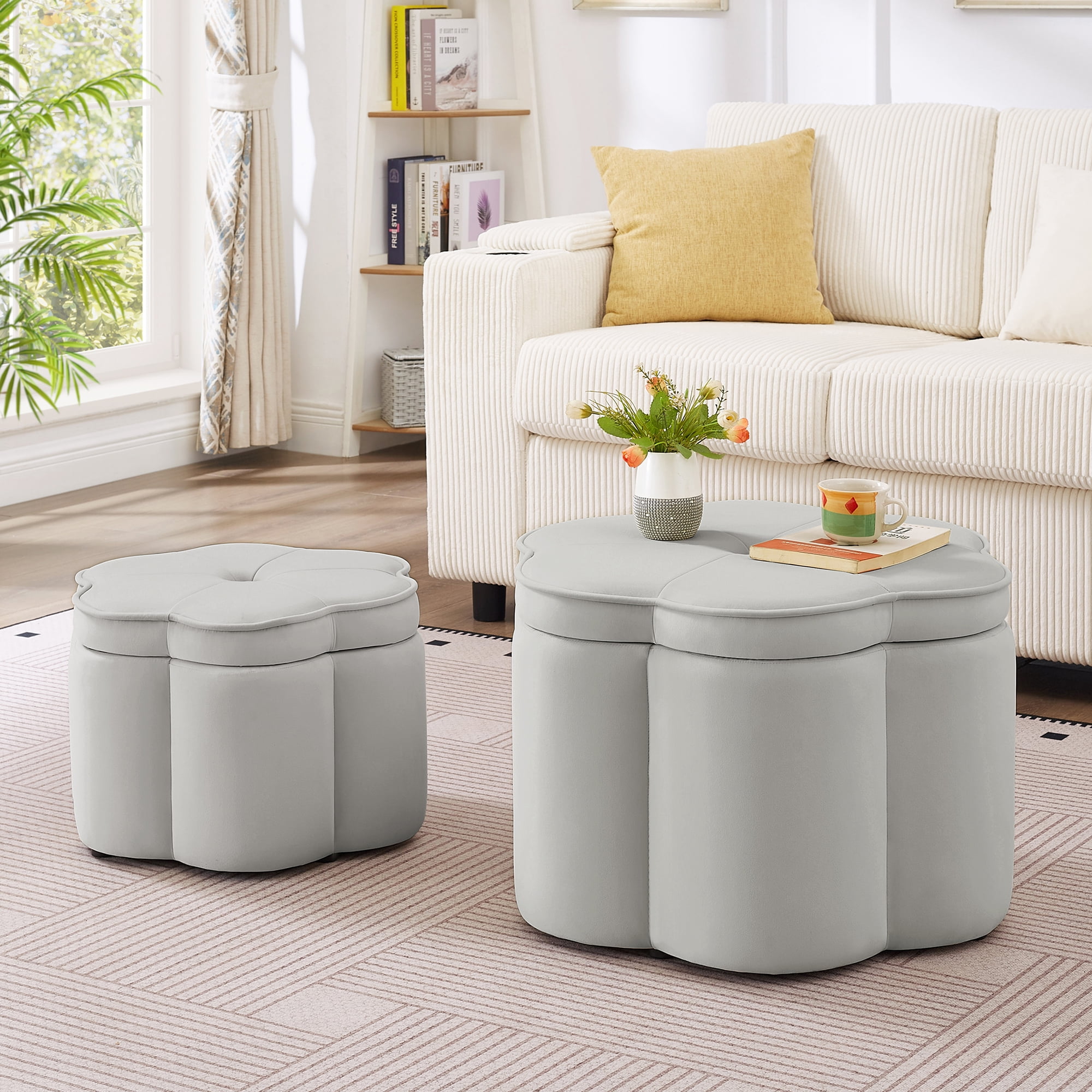 Aukfa 24" Set of 2 Round Storage Ottomans, Flower-Shaped Nesting Pouf ...