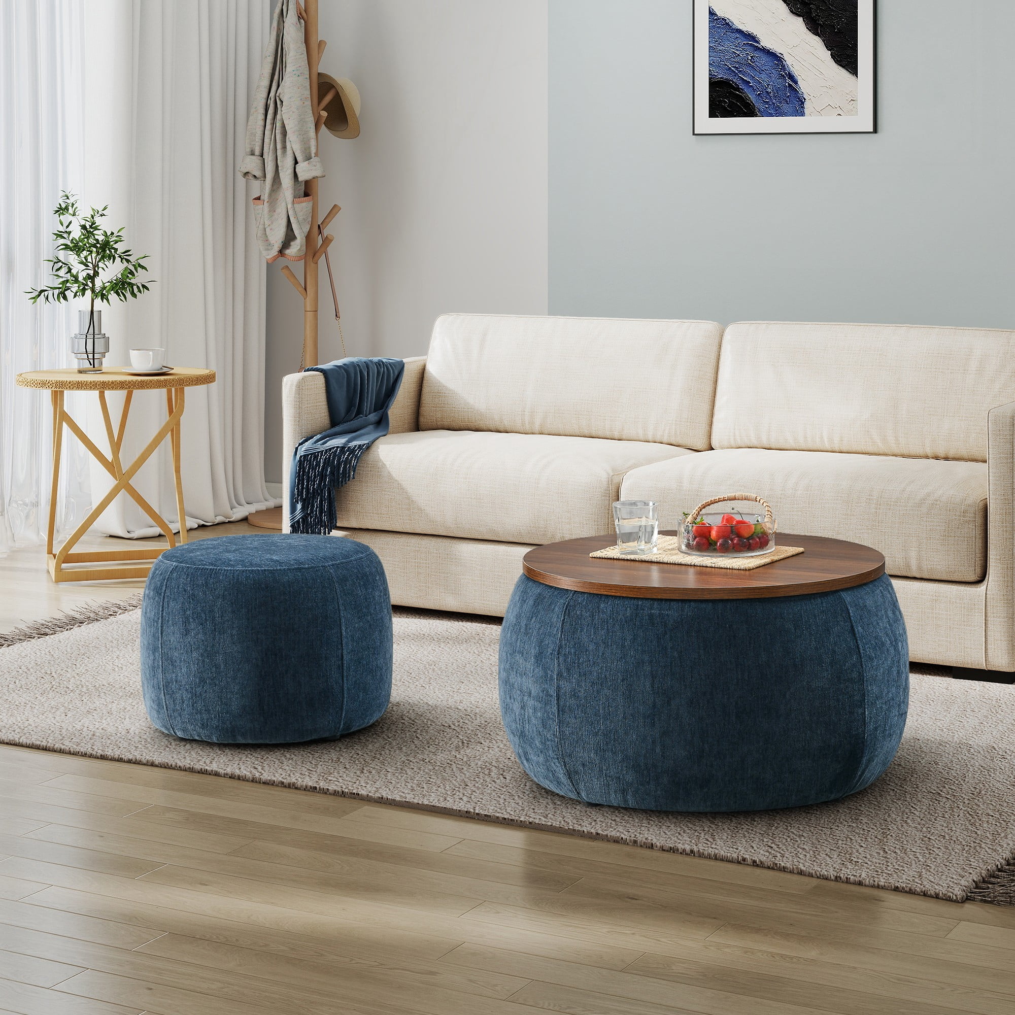 Aukfa 2pc Round Storage Ottoman, Chenille Upholstered Pouf Foot Rest ...