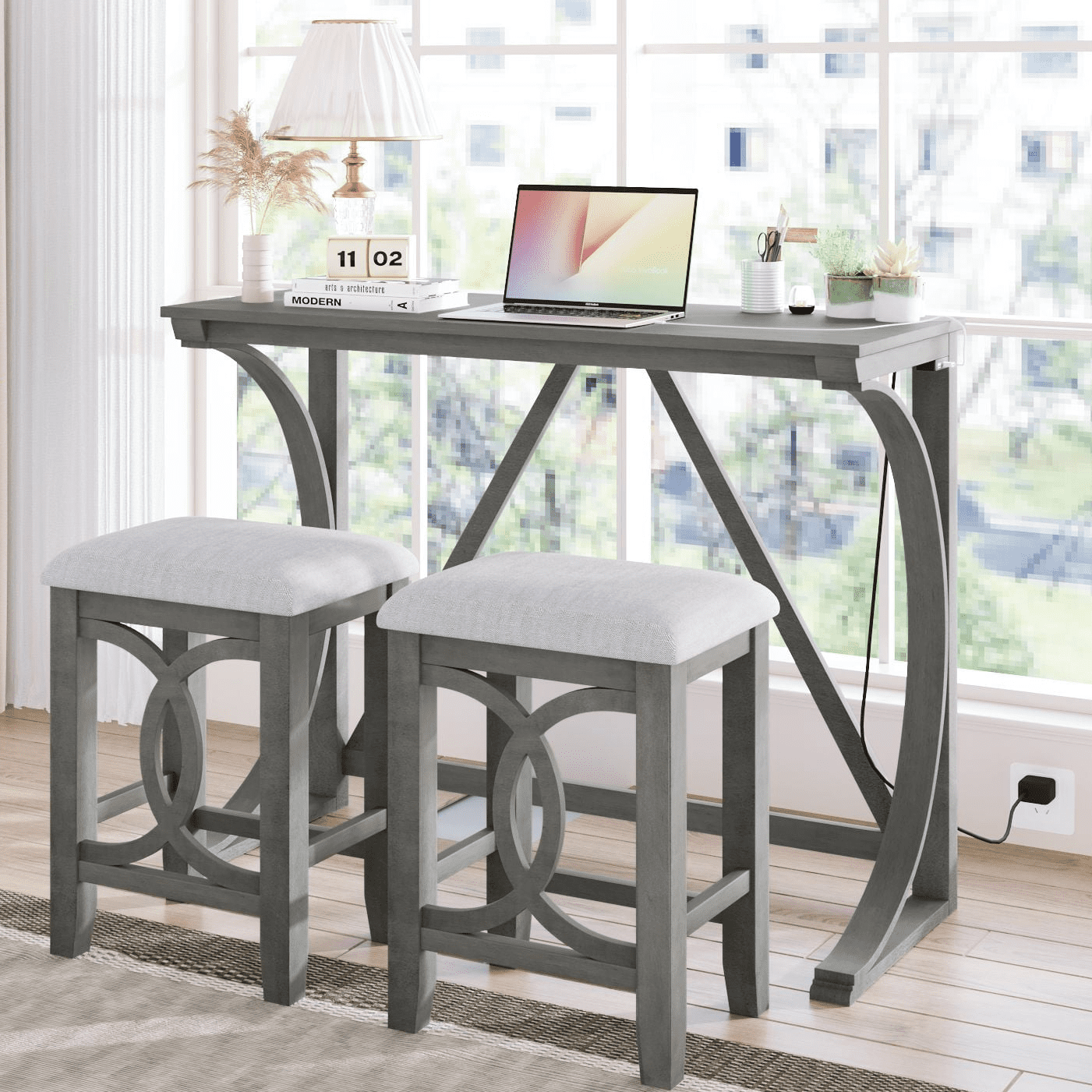 Aukfa 3-Piece Dining Set - Wood Kitchen Dining Table Set with USB Port ...