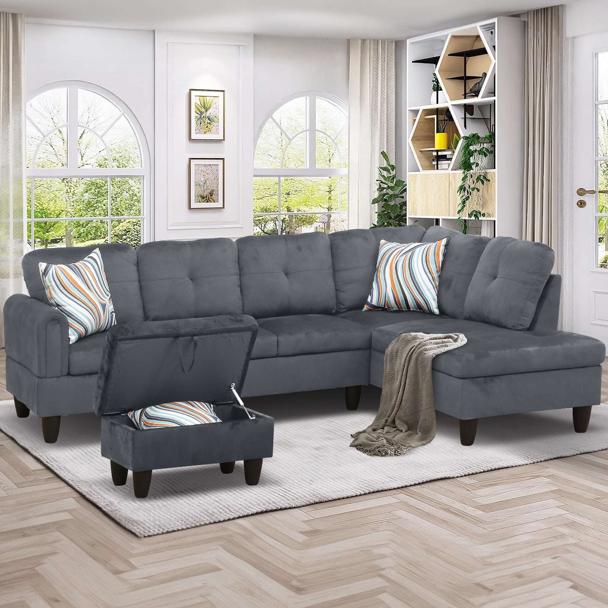 Aukfa 3 Piece Sectional Sofa with Storage Ottoman for Living Room ...