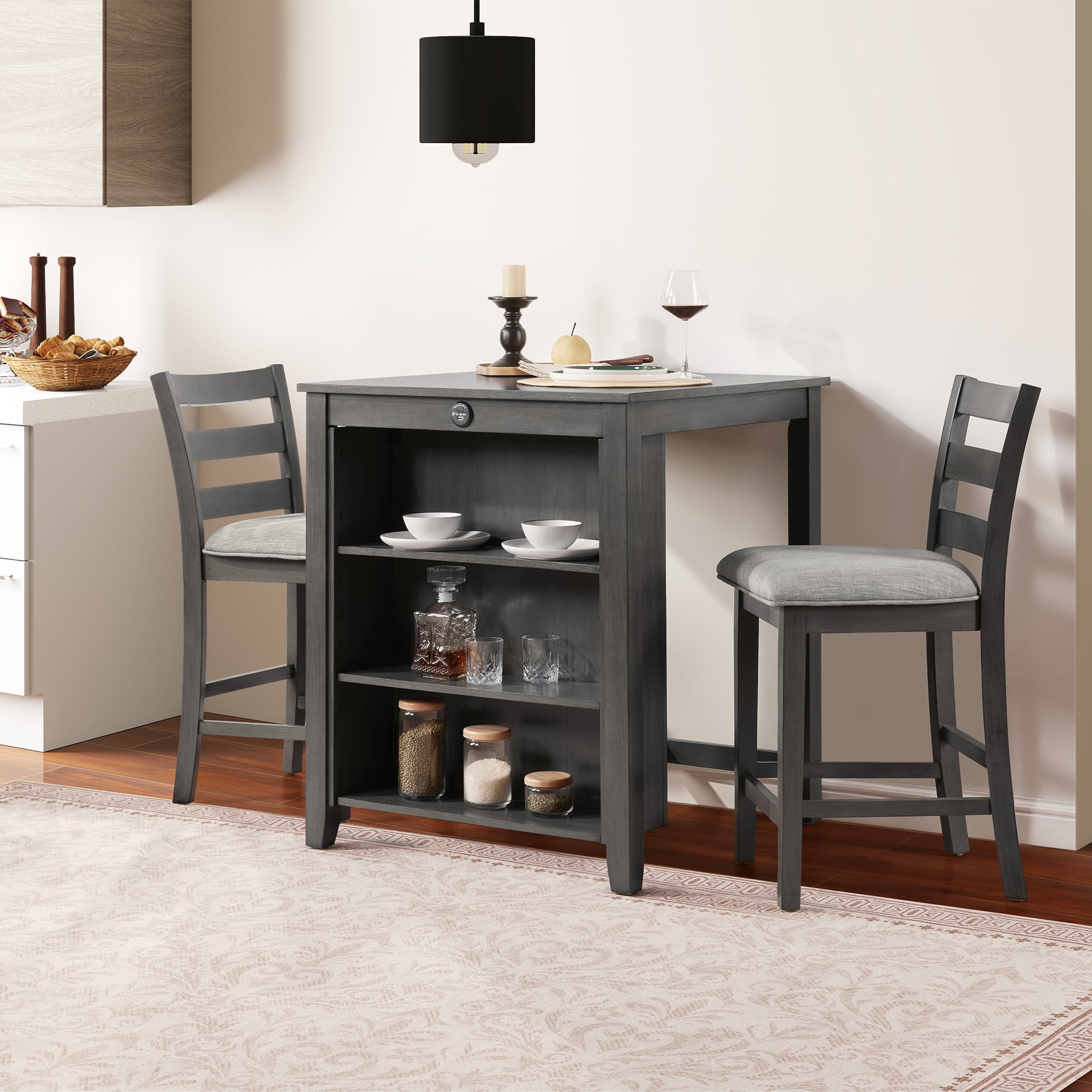 Aukfa 3 Pieces Dining Table Set with Power Outlet and Storage Shelves ...