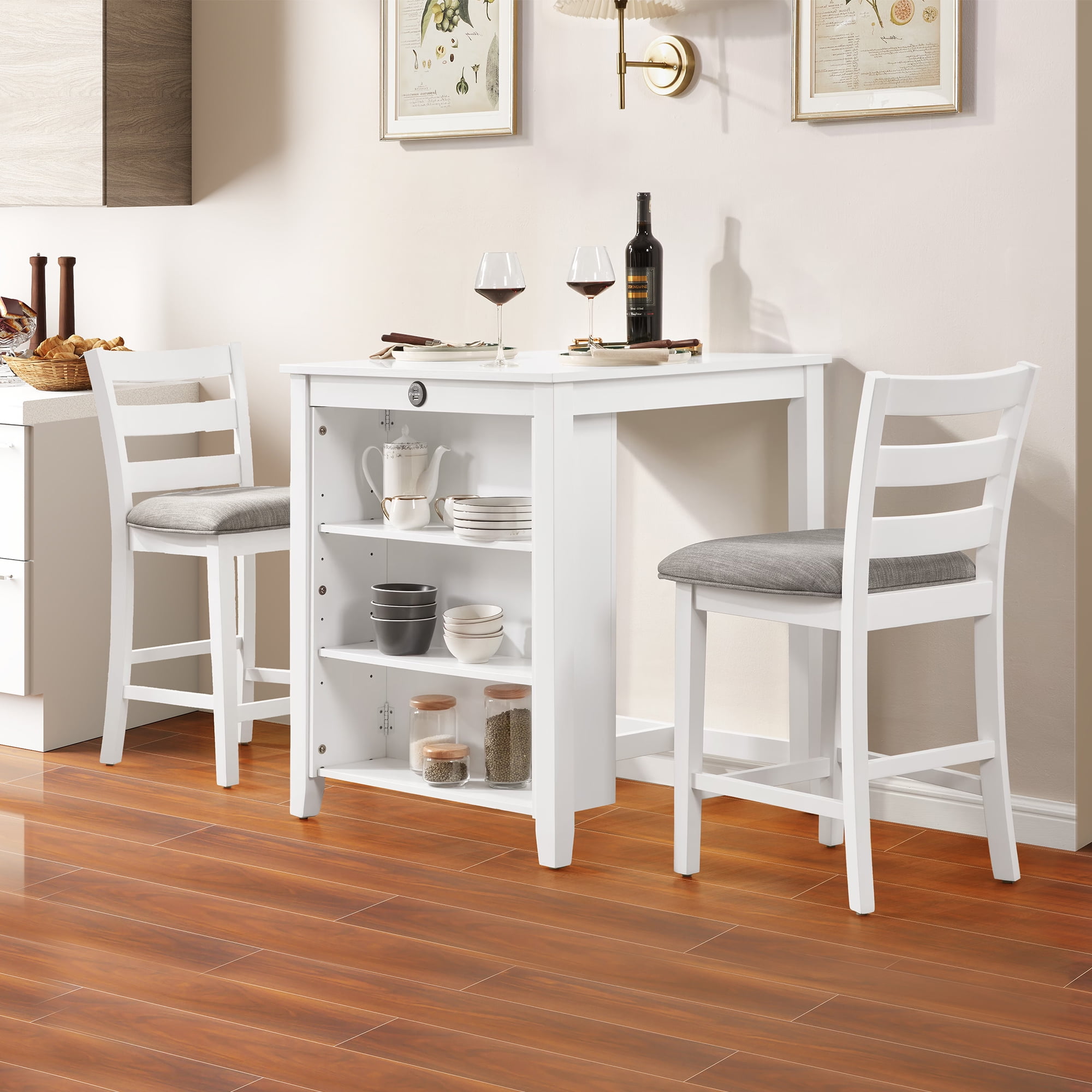 Aukfa 3 Pieces Dining Table Set with Power Outlet and Storage Shelves ...