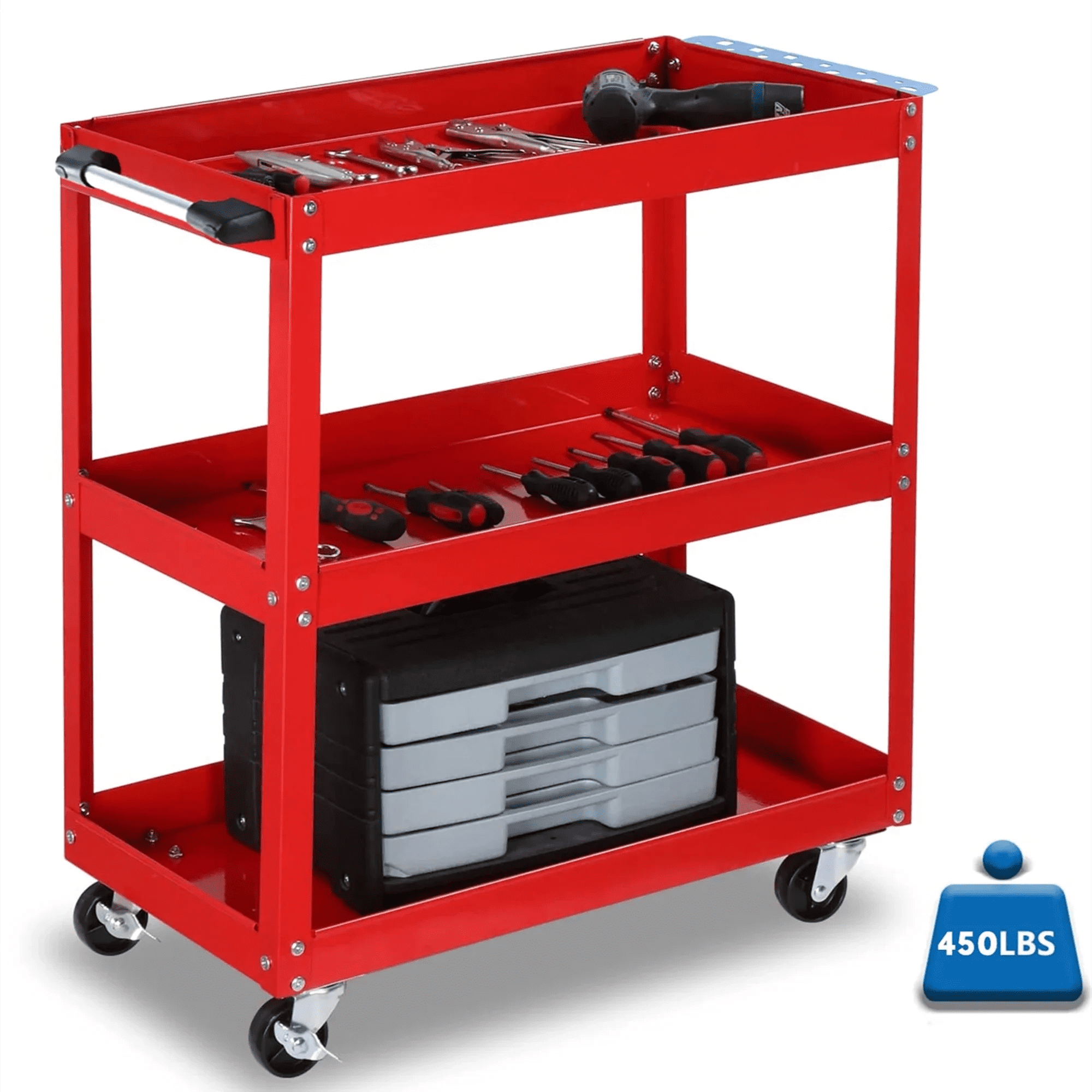 Aukfa 3-Tier Utility Cart on Wheels, 450 lb Heavy Duty Rolling Tool ...