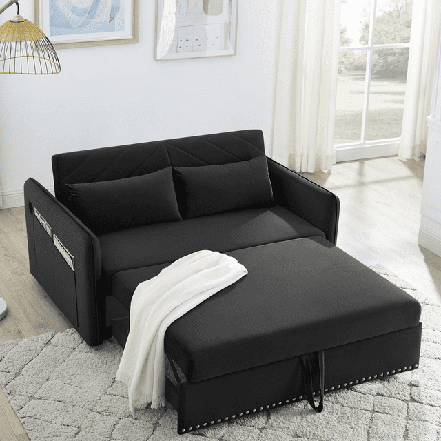 Aukfa 3 in 1 Convertible Sofa Bed, 55" Velvet Loveseat Sleeper with 2 Pillows & USB Port, Black ...