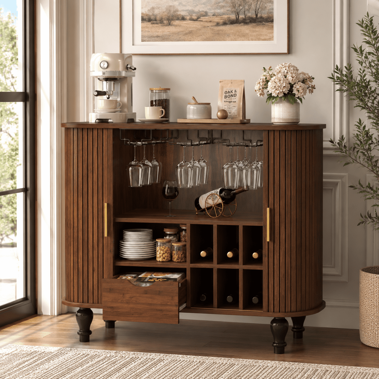 Aukfa 39" Mid-Century Modern Fluted Bar Cabinet with Large Drawer ...