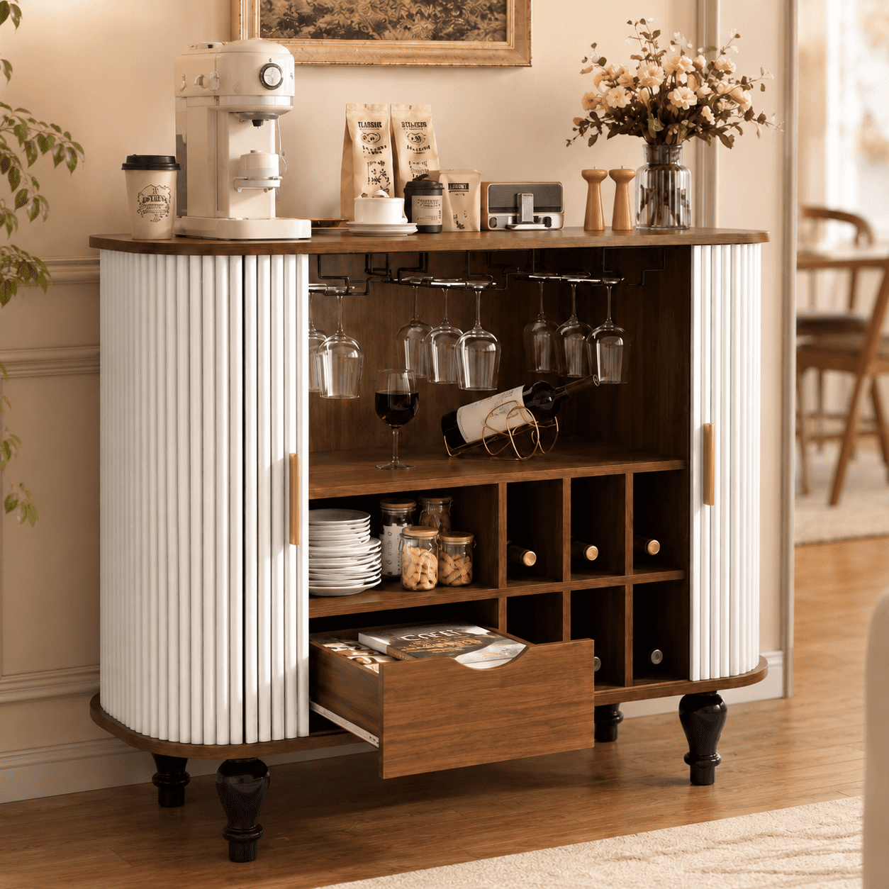 Aukfa 39" Mid-Century Modern Fluted Bar Cabinet with Large Drawer ...