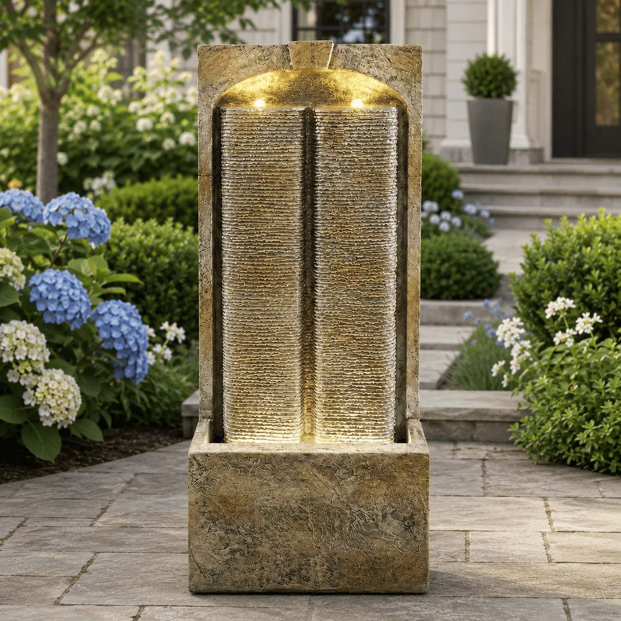 Aukfa 39" Outdoor Water Fountain with LED Lights, Slate Style Resin ...