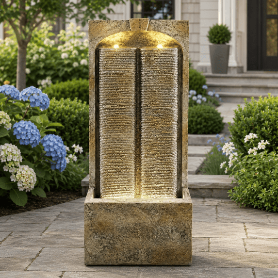 Aukfa 39" Outdoor Water Fountain with LED Lights, Slate Style Resin ...