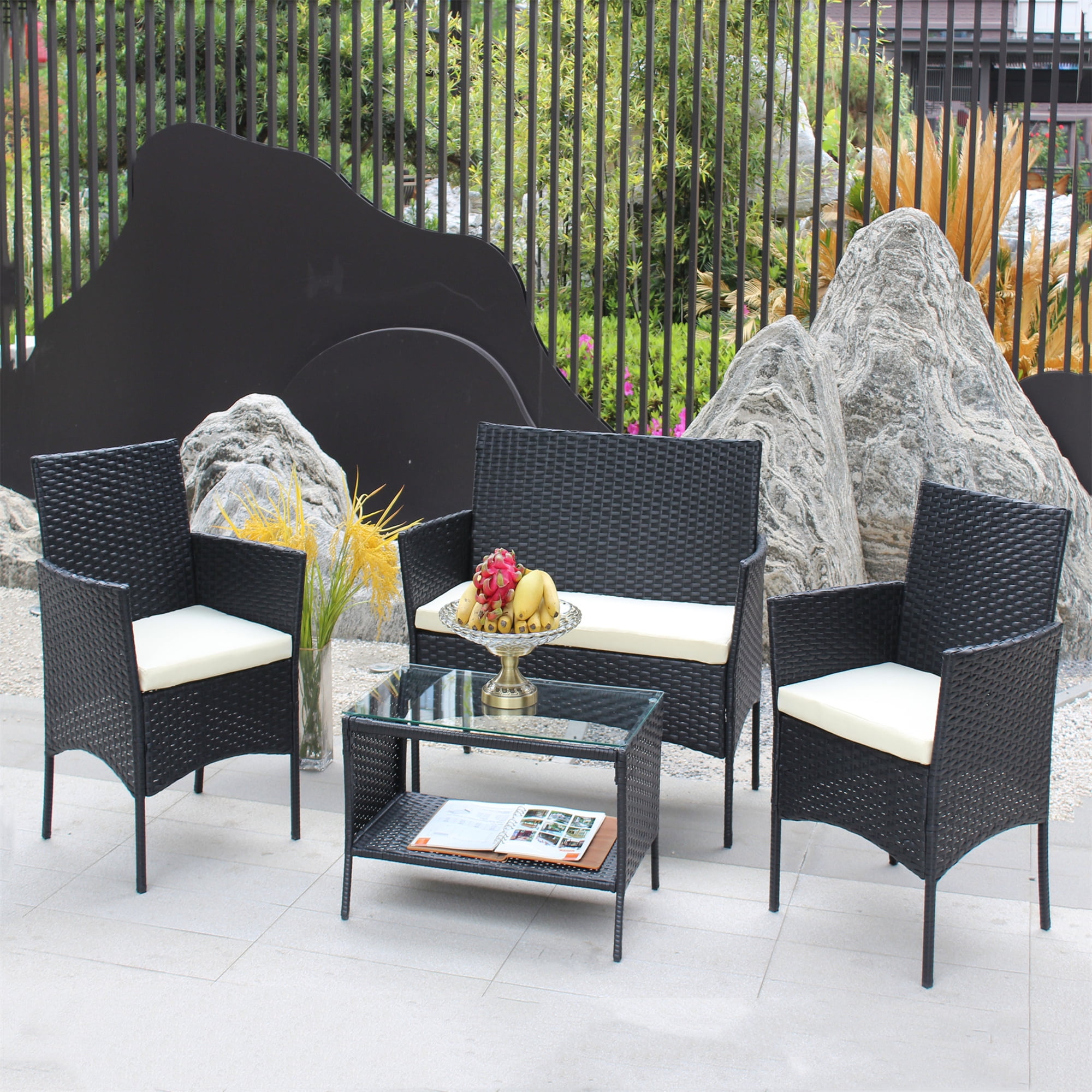 Aukfa 4 Piece Rattan Outdoor Patio Conversation Sofa Set with Table ...