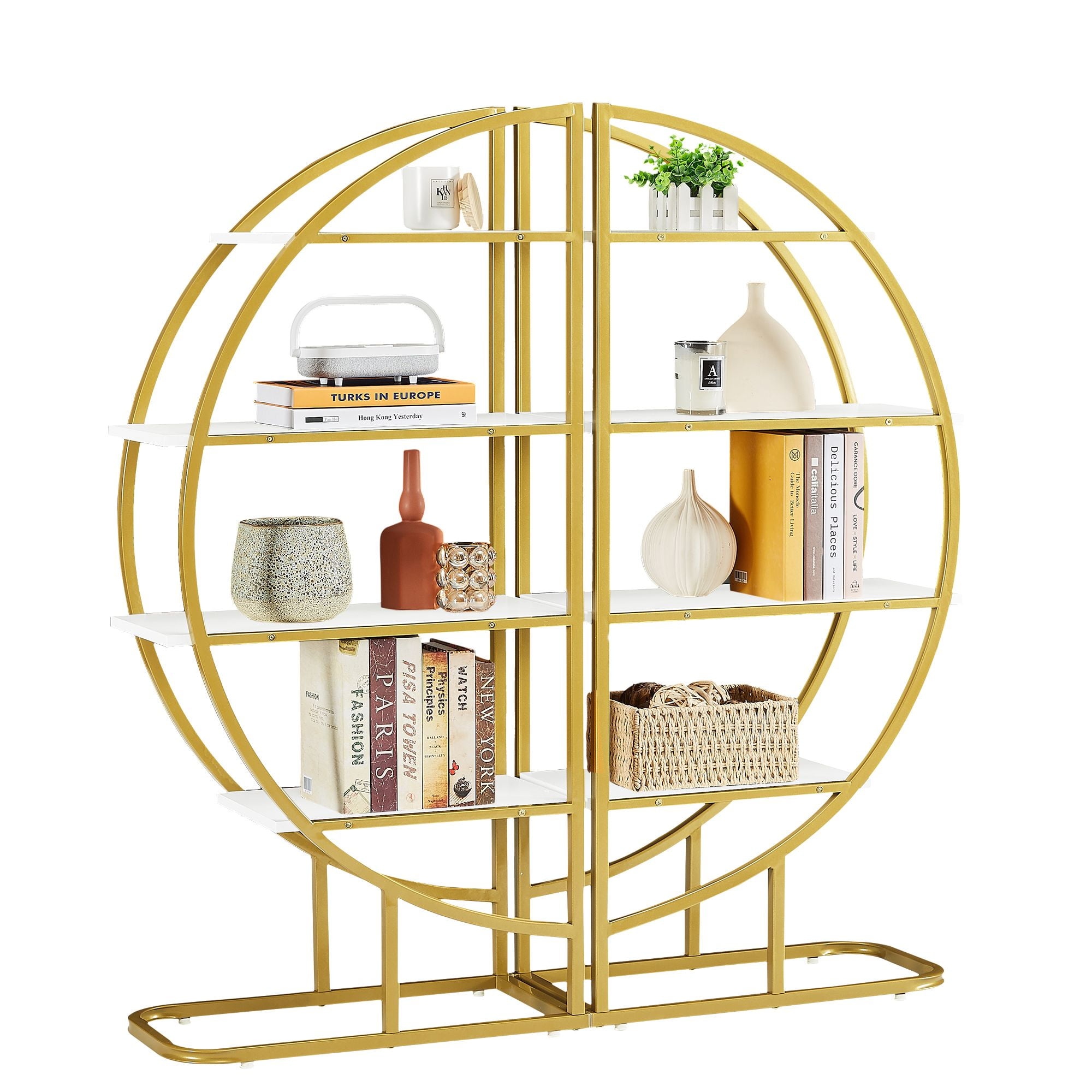 Free Shipping! Aukfa 4 Tier Modern Round Bookshelf with Storage, Gold ...