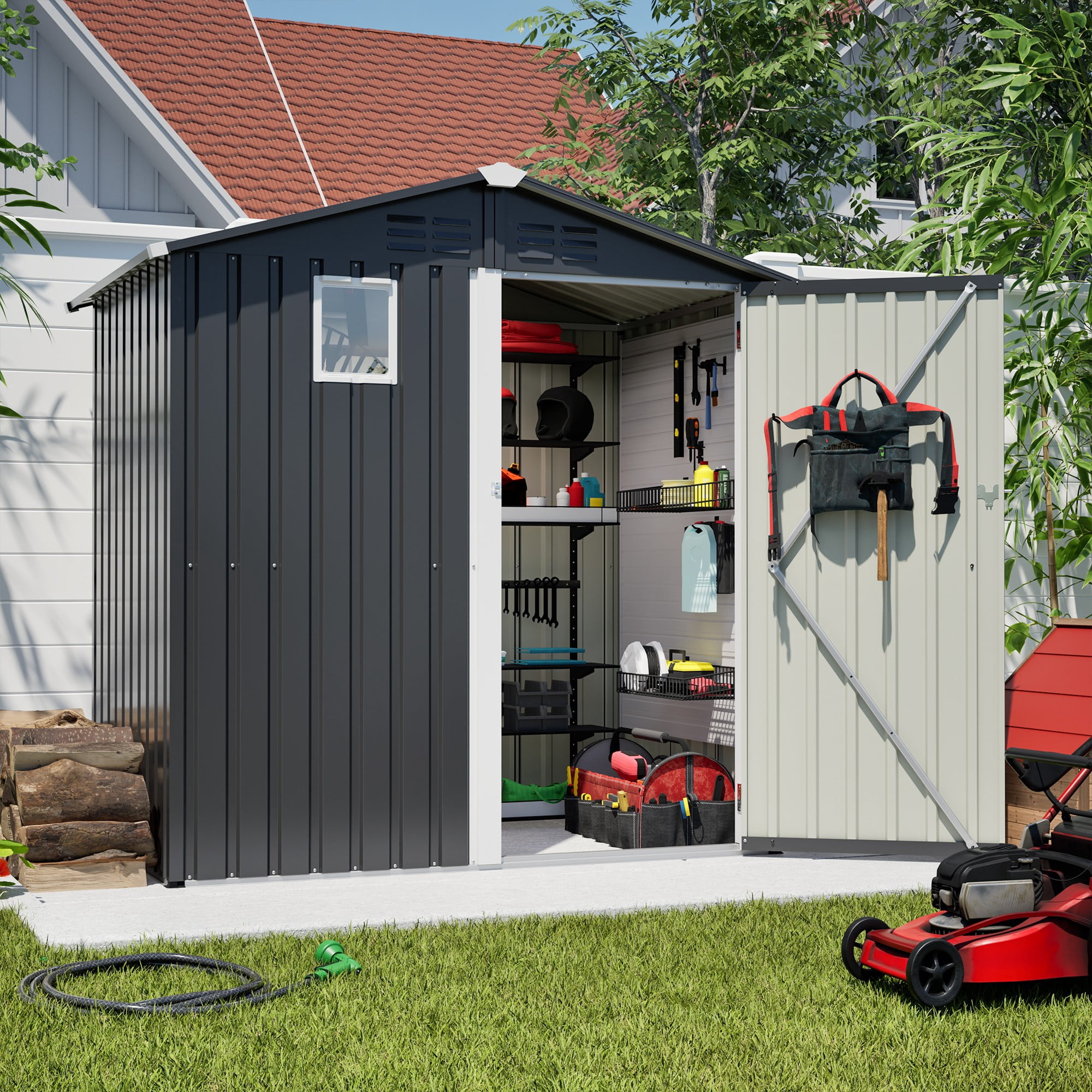 Aukfa 4' x 6' Metal Outdoor Storage Shed, Weather-Resistant Garden Tool Shed with Doors and ...