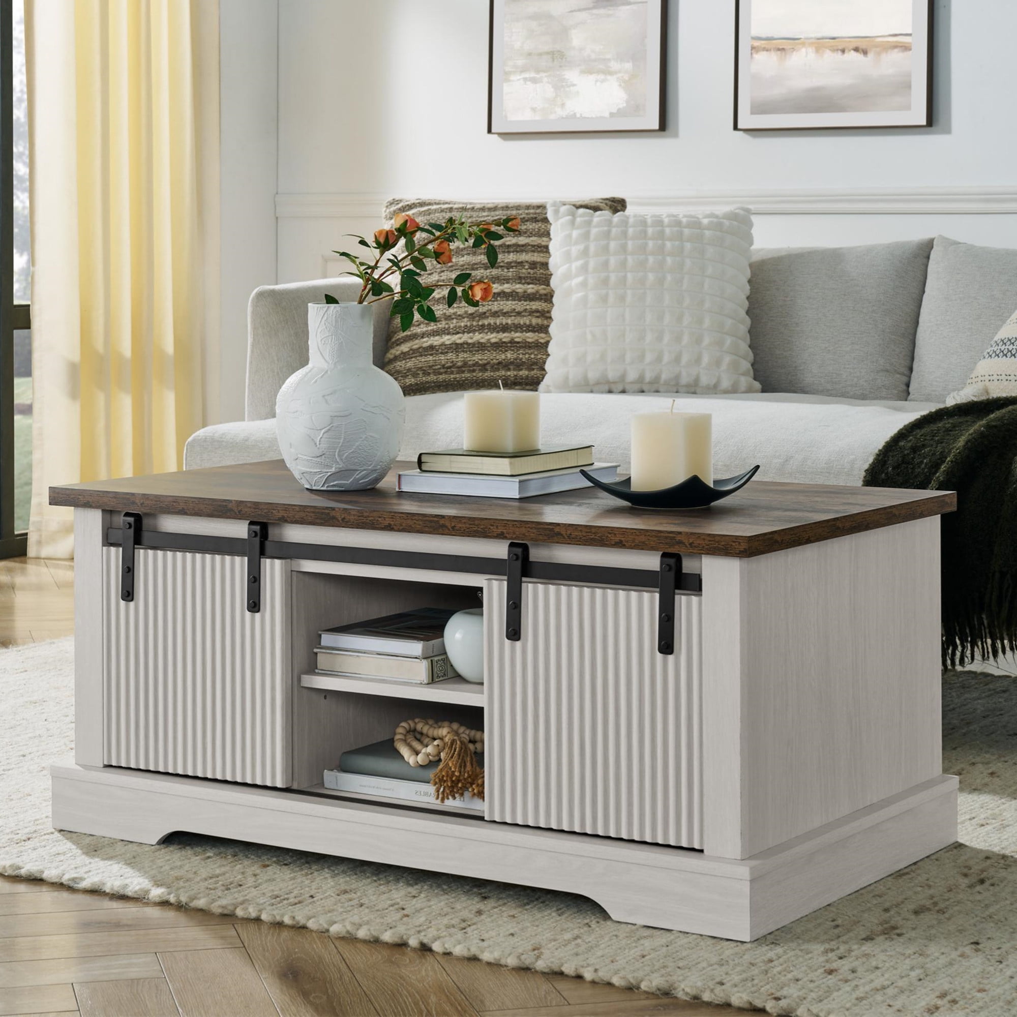 Aukfa 41" Farmhouse Coffee Table with Storage, Wood Rectangular Center ...