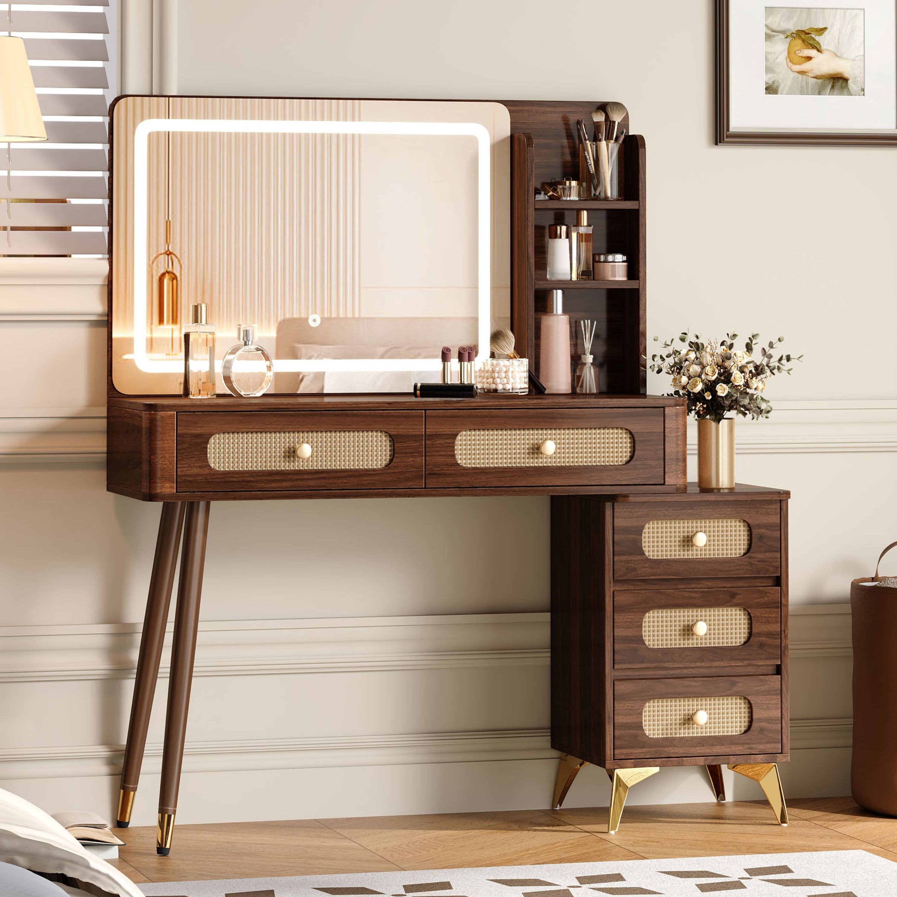 Aukfa 47" Vintage Rattan Makeup Vanity for Adults – Dressing Table with ...