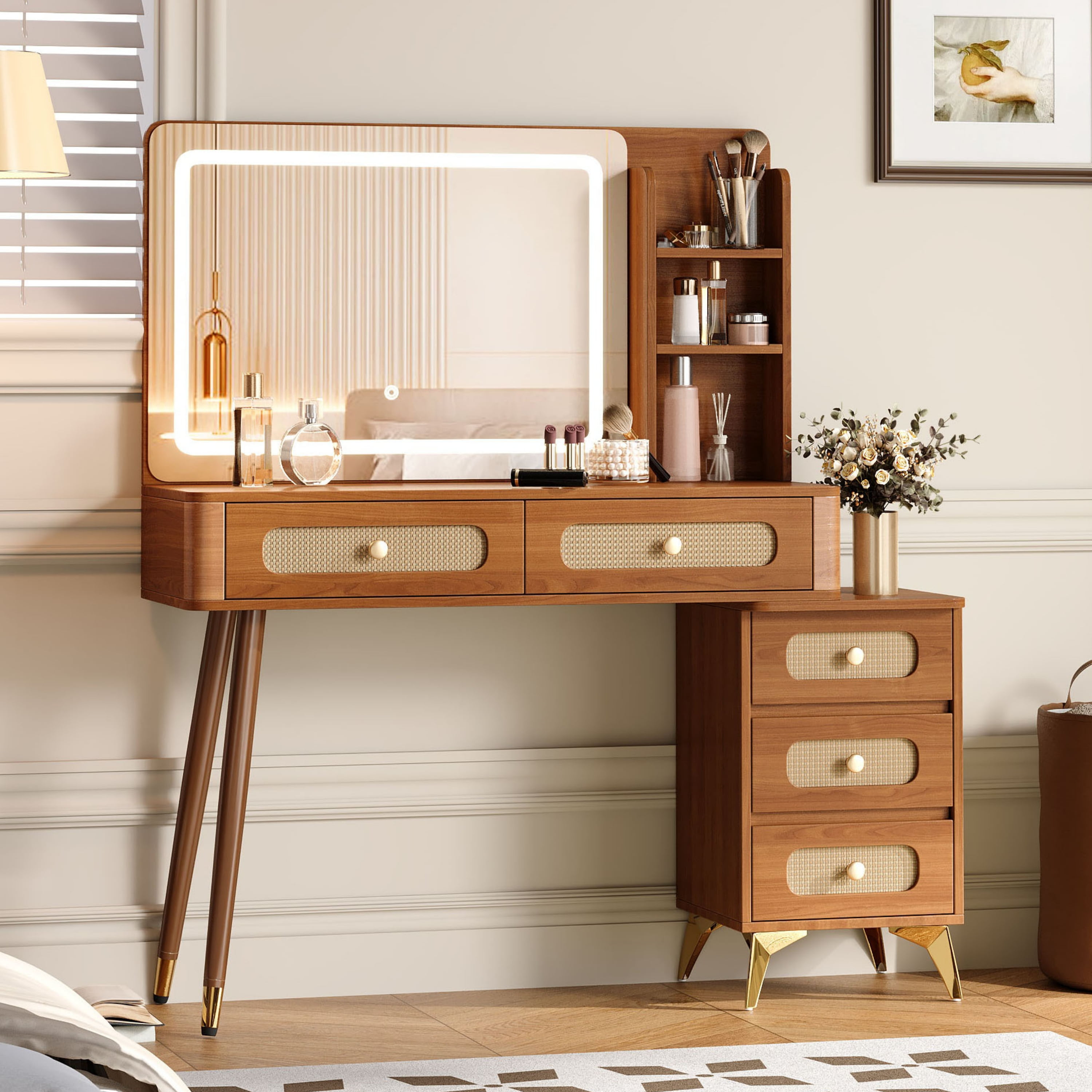 Aukfa 47"Vintage Rattan Makeup Vanity with Adjustable LED Light Mirror ...