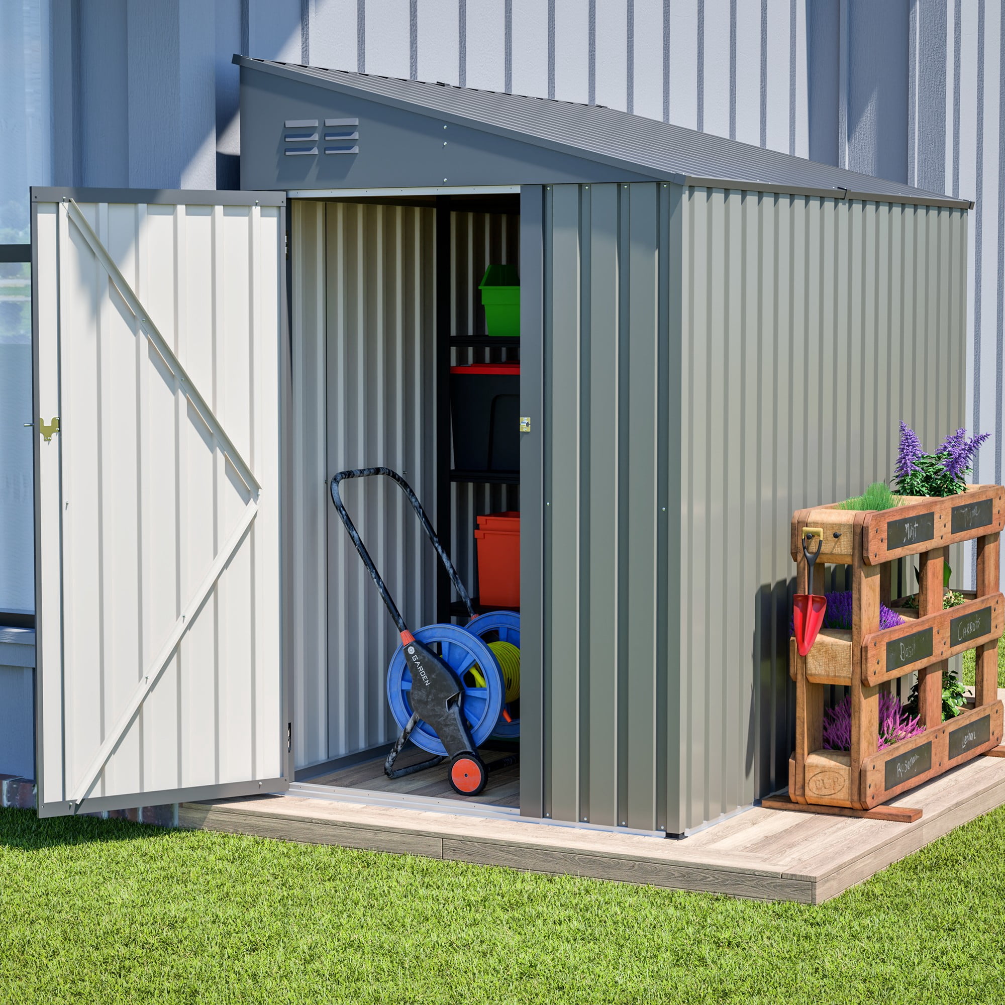Aukfa 4x7 FT Lean-To Metal Outdoor Storage Shed, Garden Bike Tool Shed ...