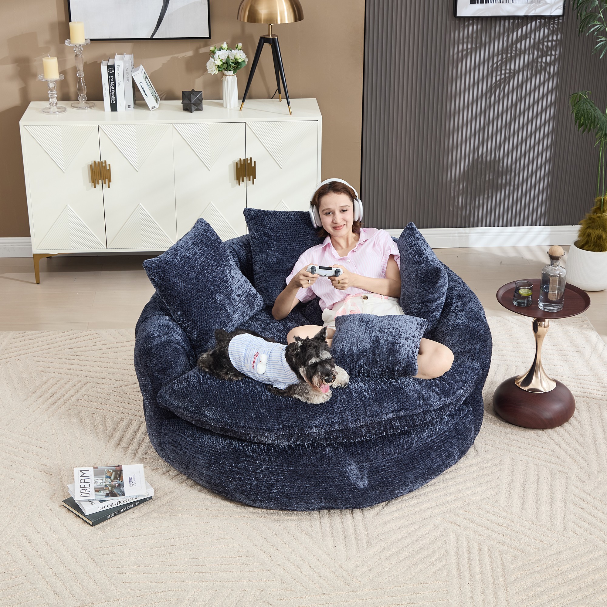 Aukfa 55" Oversized Round Chaise Lounge Chair Indoor – Fluffy Deep Seat ...