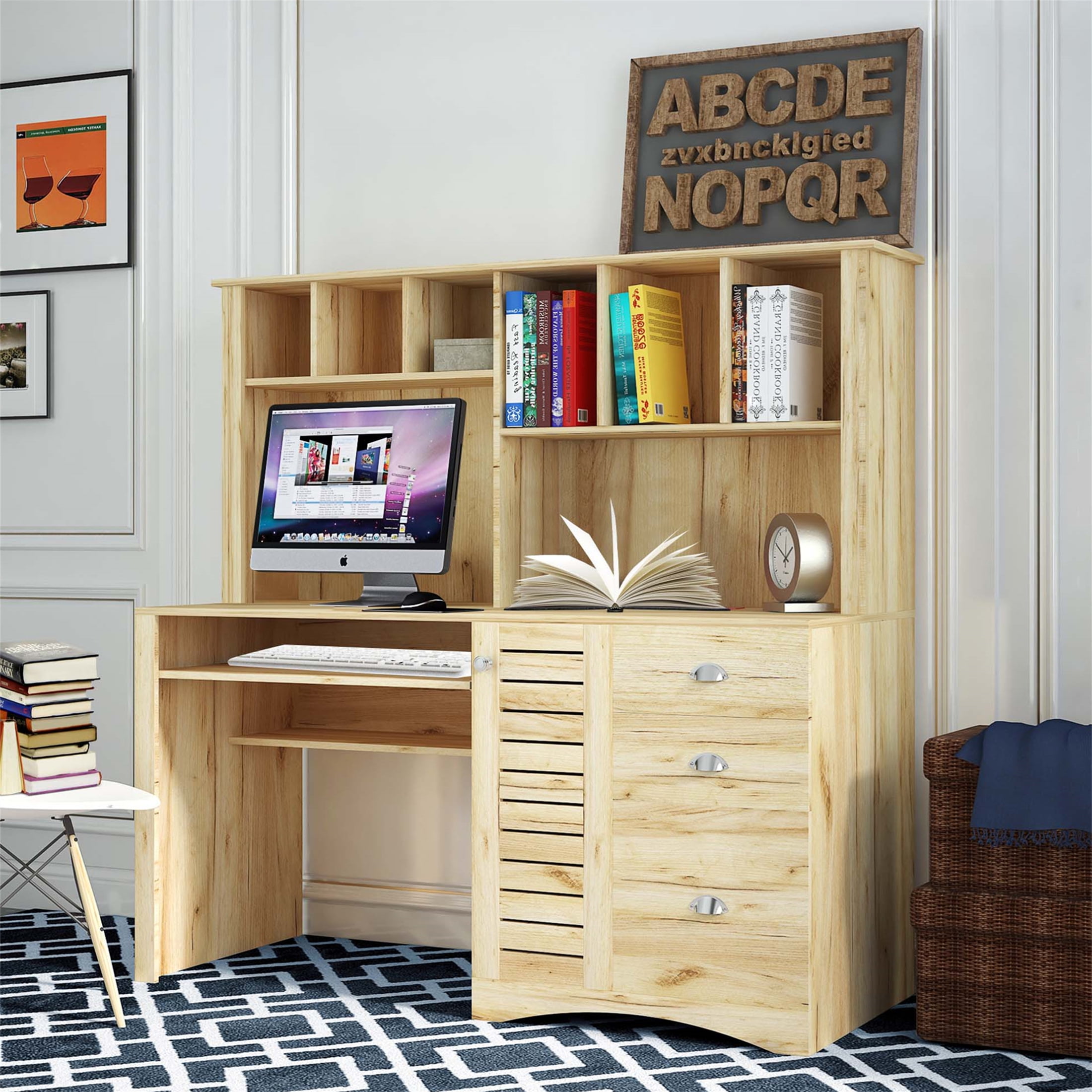 Free Shipping! Aukfa 59in Computer Desk with Hutch, 3 Drawers, Keyboard ...