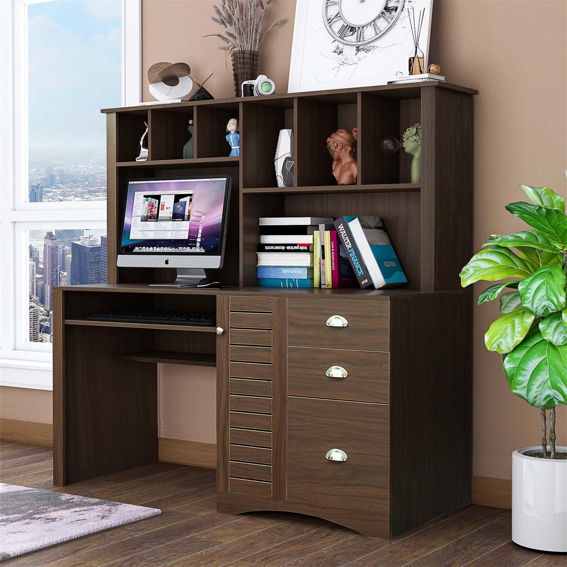 Aukfa 59" Computer Desk with Hutch for Home Office, 3 Drawers, Keyboard ...