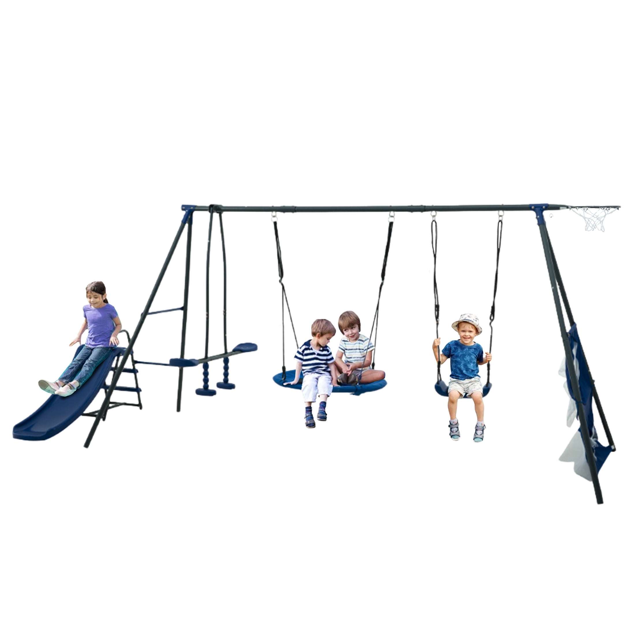 Aukfa 6-in-1 Outdoor Swing Set with Slide, Swings, Basketball Hoop ...