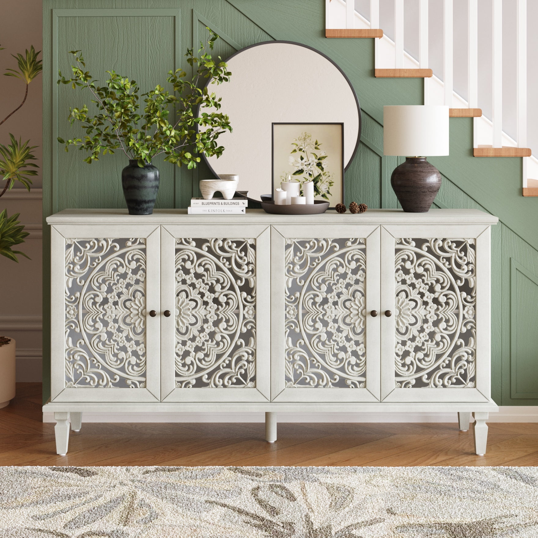 Aukfa 60" Antique Buffet Cabinet with Floral Carved Doors, Solid Wood ...