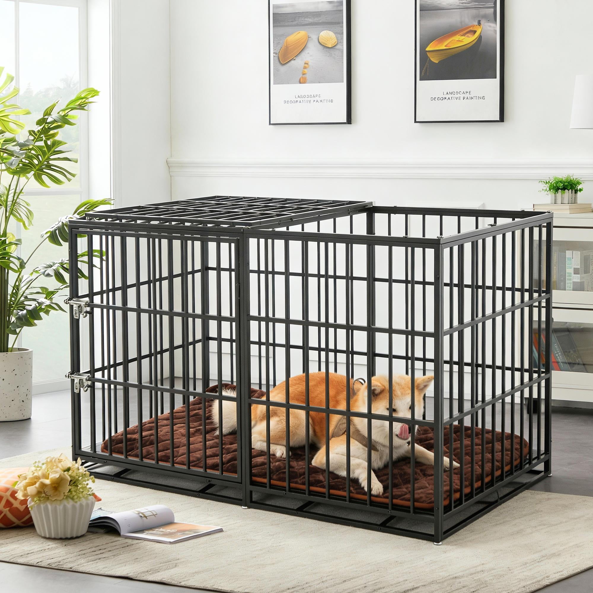 Aukfa 61" Extra Long Indestructible Dog Crate with Comfy Dog Pad for ...