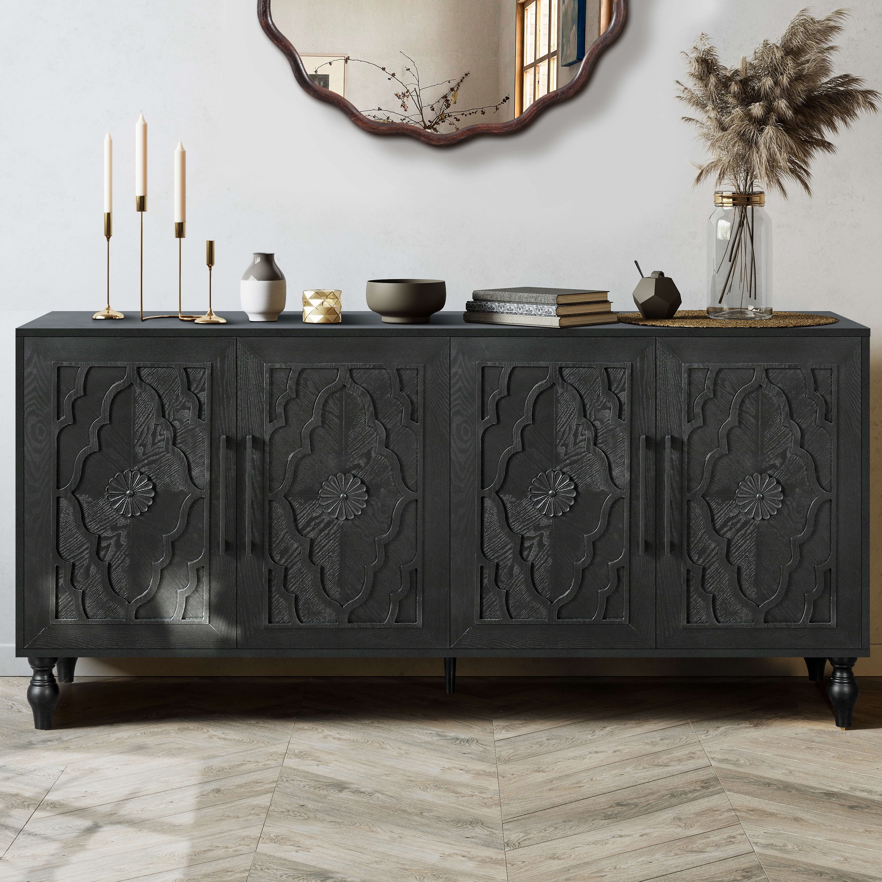 Aukfa 63" Large Accent Storage Cabinet TV Stand with Carved Door for ...