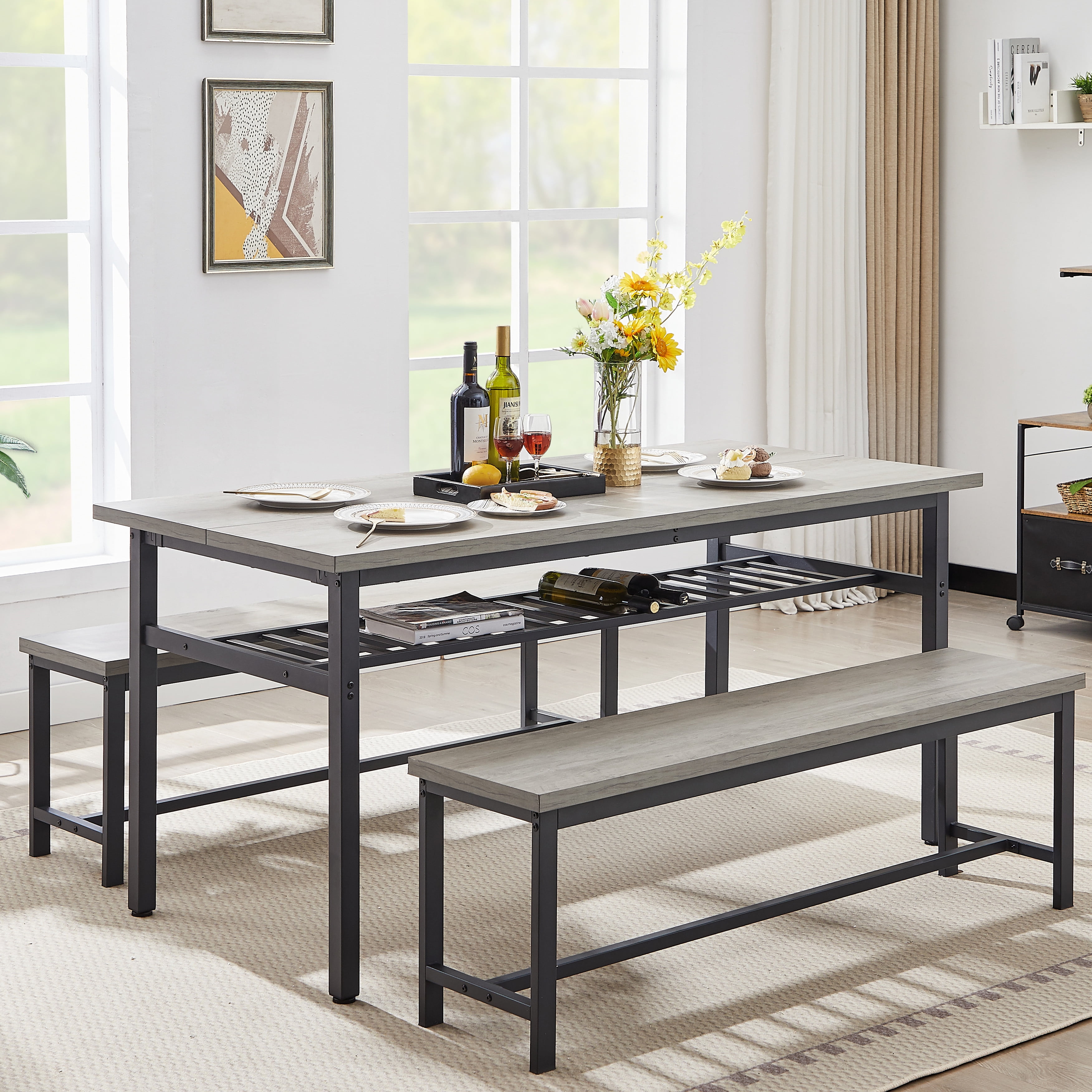 Aukfa 67" Oversized Dining Table Set for 6, 3-Piece Kitchen Table with ...