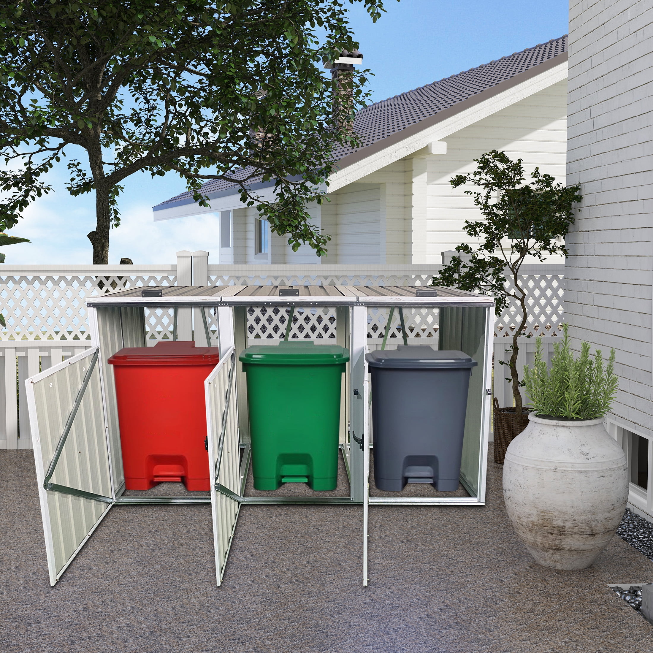 Aukfa 7.3' W Outdoor Garbage Bin Storage, Metal Storage Shed for 3 ...