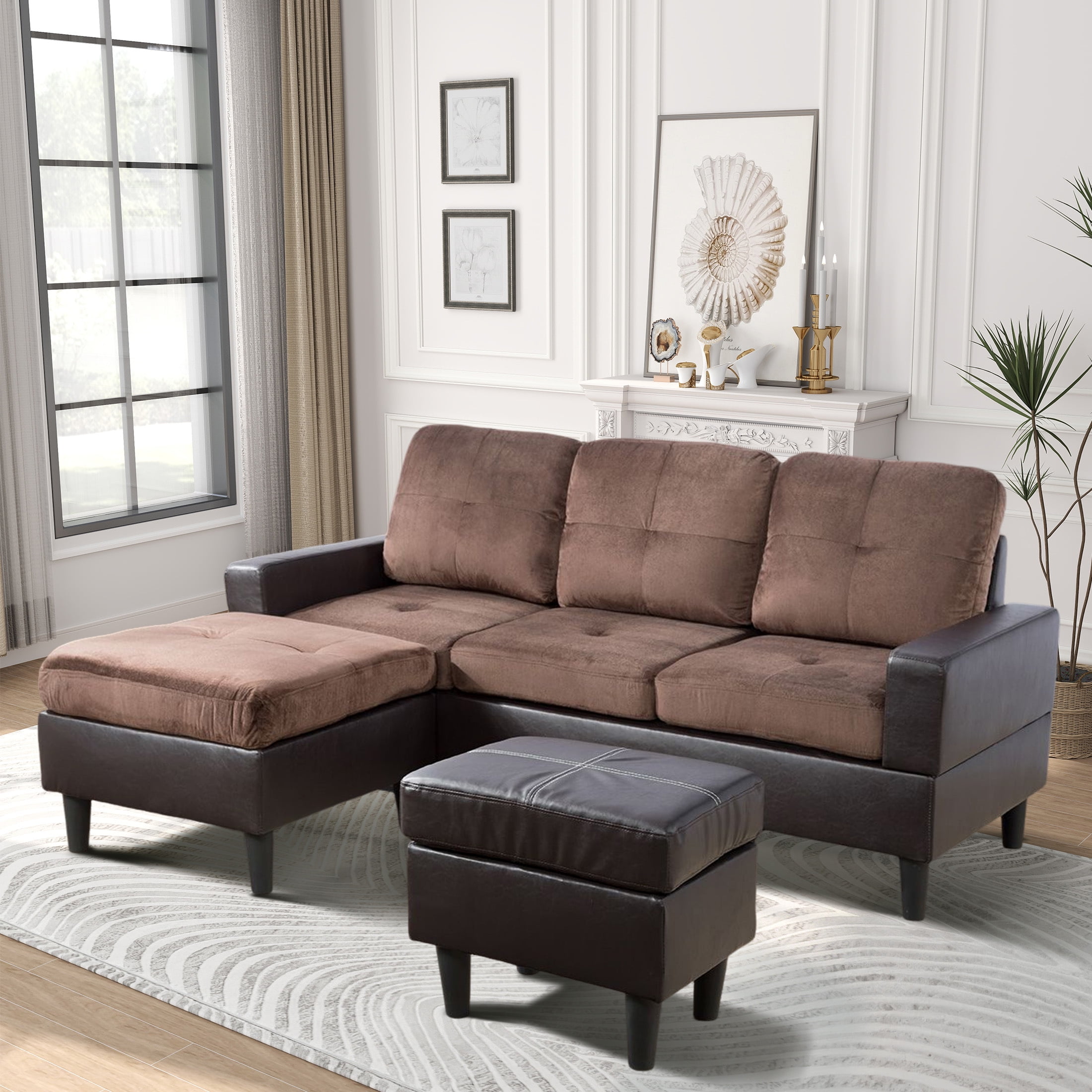 Aukfa 75" L-Shape Sofa Couch with 2 Ottomans, 3-Piece Sofa Living Room ...