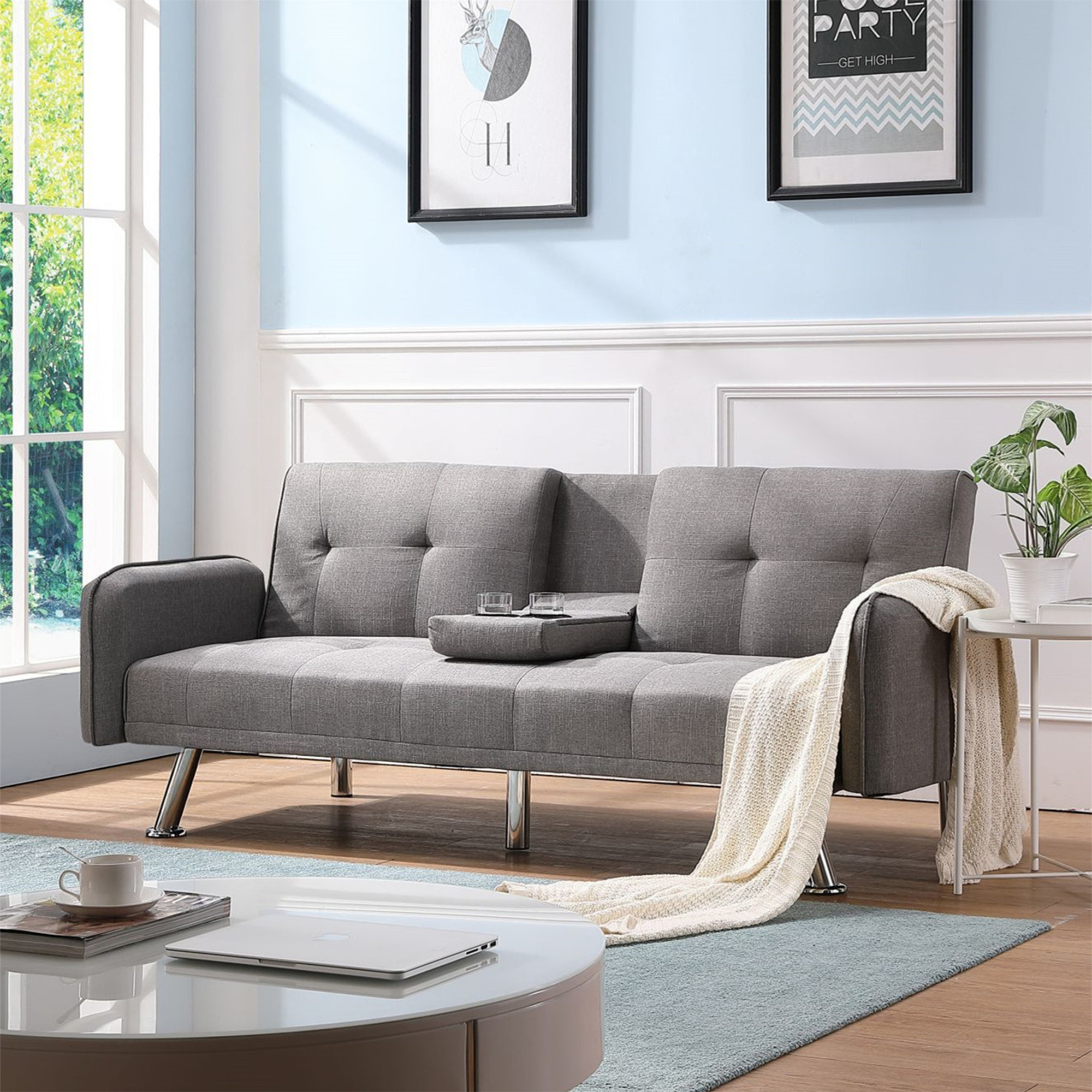 Aukfa 75" Square Arm Futon Convertible Sofa Bed for Home Office, 2 Cup ...