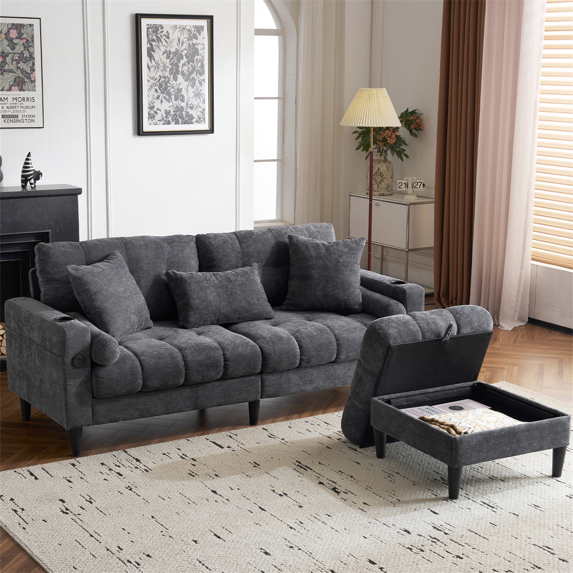 Aukfa 77" Tufted Sofa Couch with USB Port, Storage Ottoman&Cupholder, 5 ...