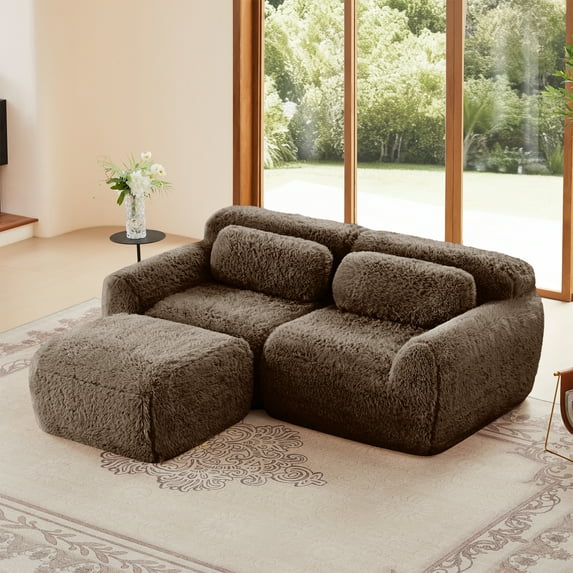 Aukfa 80" Faux Fur Modular Sectional Sofa with Ottoman, Deep Seat ...