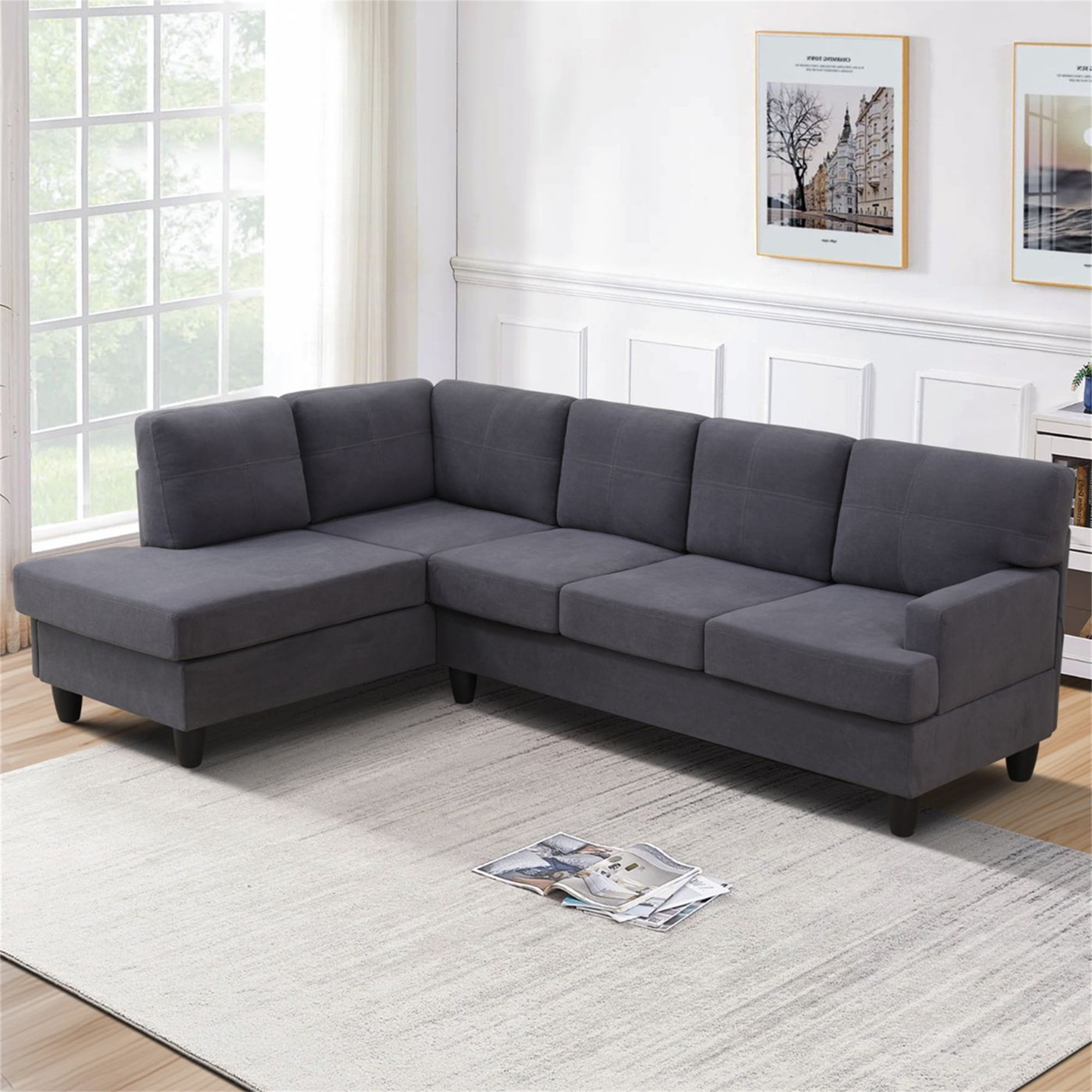 Aukfa 96" Sectional Sofa Deep Seat Couch for Living Room, Left Chaise, Flannel, Dark Gray ...