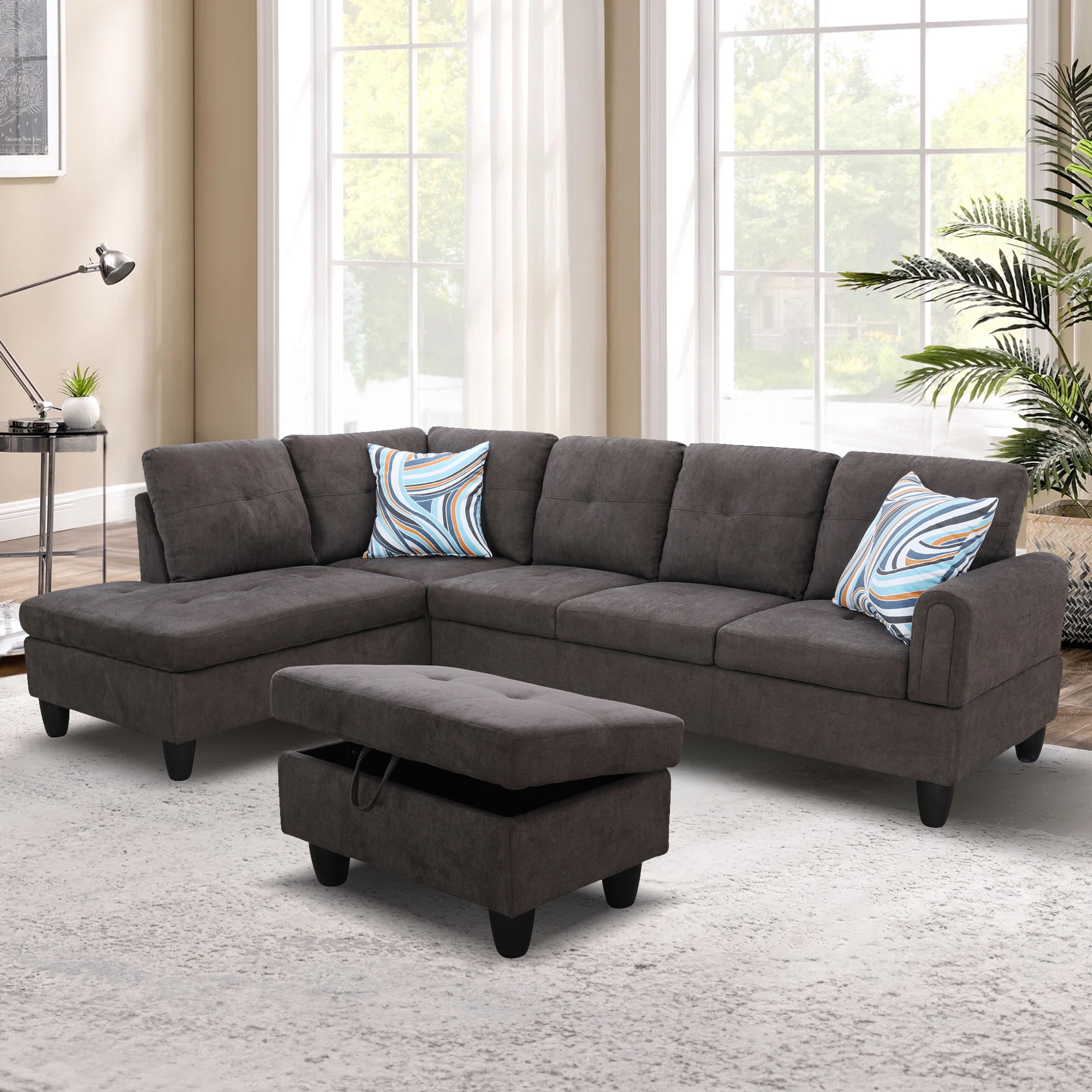 Aukfa 97" Sectional Sofa L-shape Couch with Storage Ottoman for Living ...