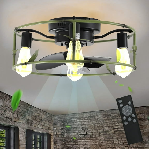 Farmhouse Caged Ceiling Fan with Light Flush Mount, Rustic Bladeless ...