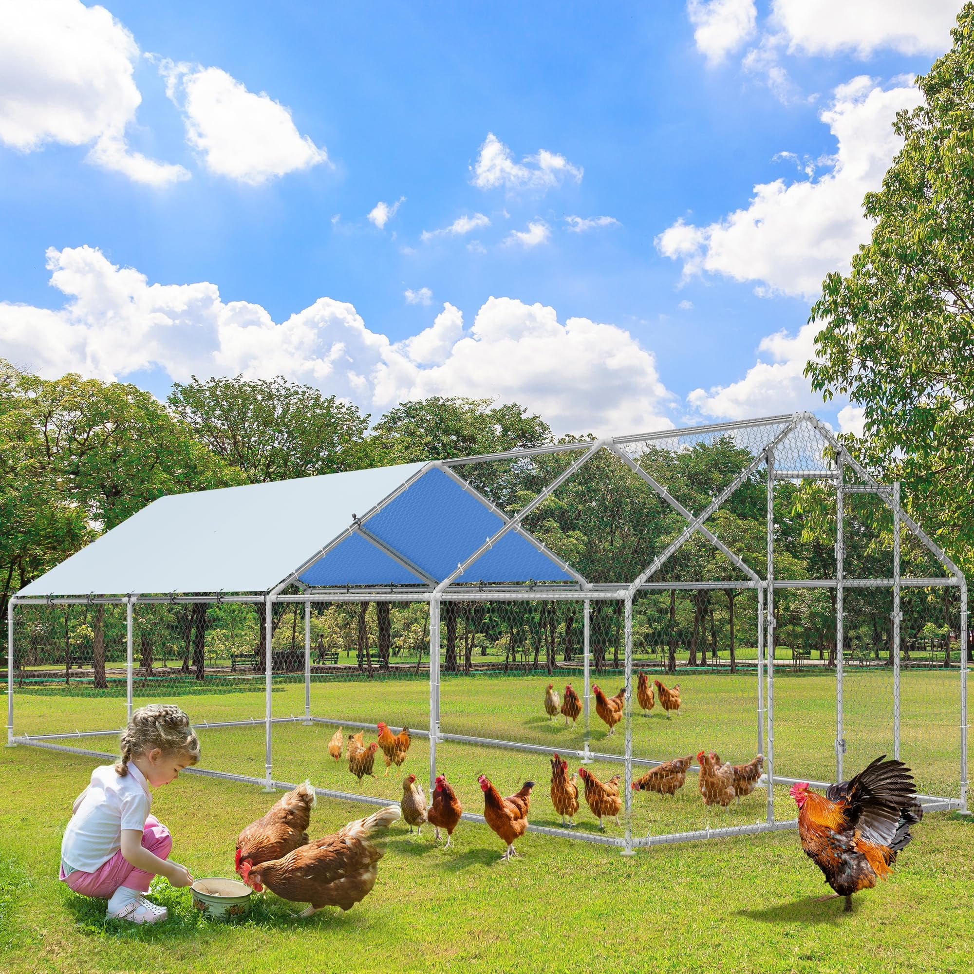 Aukfa Chicken Coop, 26 FT Large Metal Walk-in Chicken Run with Cover ...