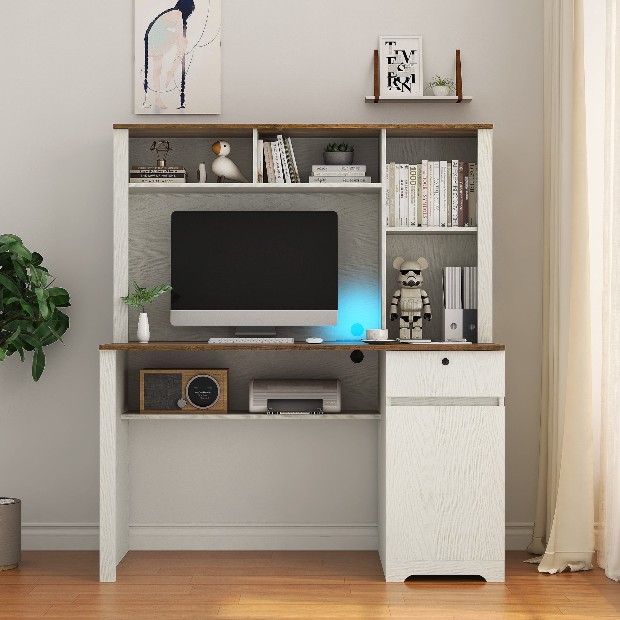 Aukfa Computer Desk with Hutch & Power Outlets for Home,Wood Teens ...