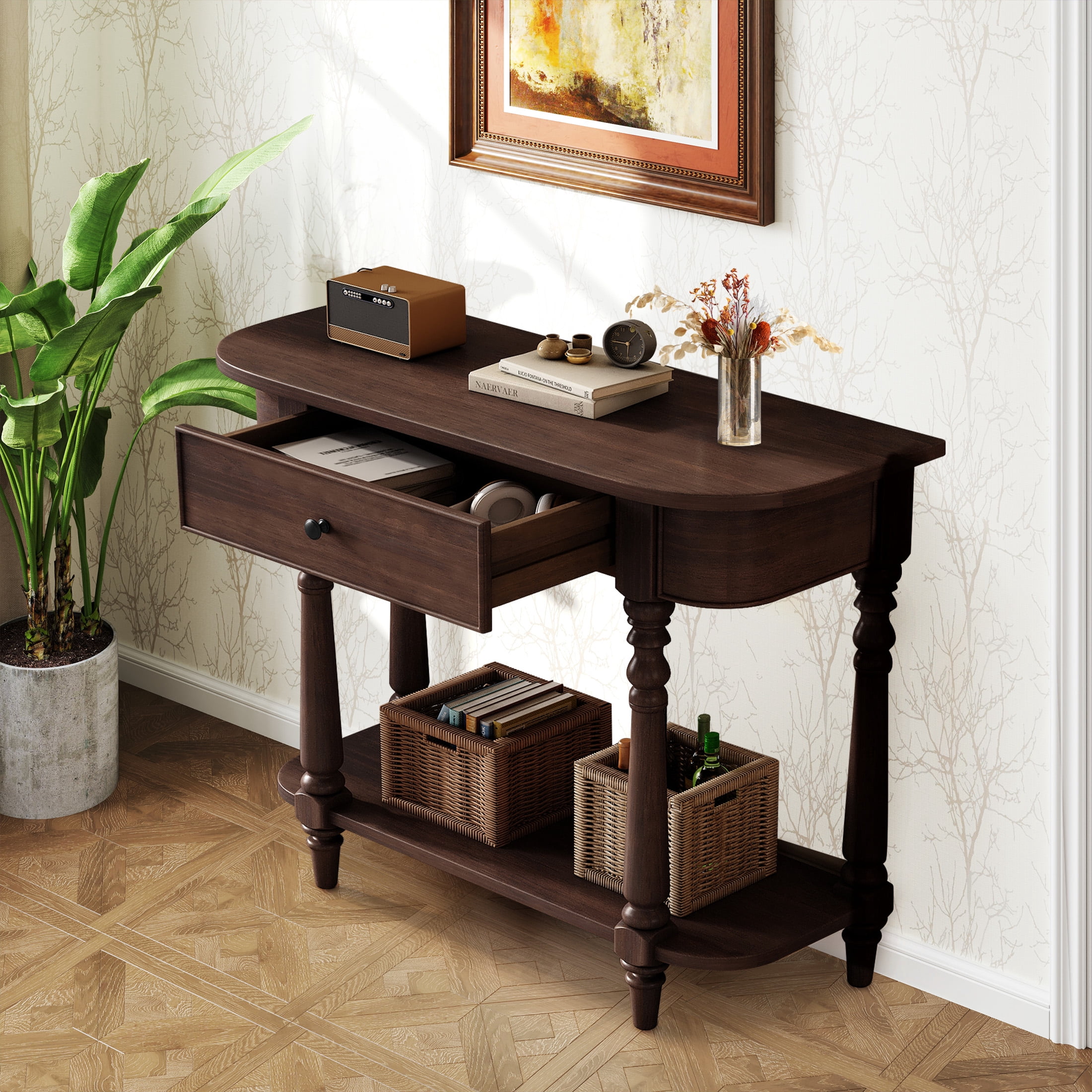 Aukfa Console Table with Curved Corner, Retro Entryway Table with ...