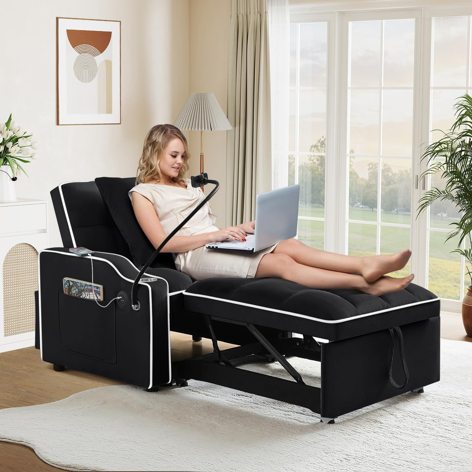 Aukfa Convertible Sleeper Chair, 4-In-1 Pull Out Futon Chair Bed with ...