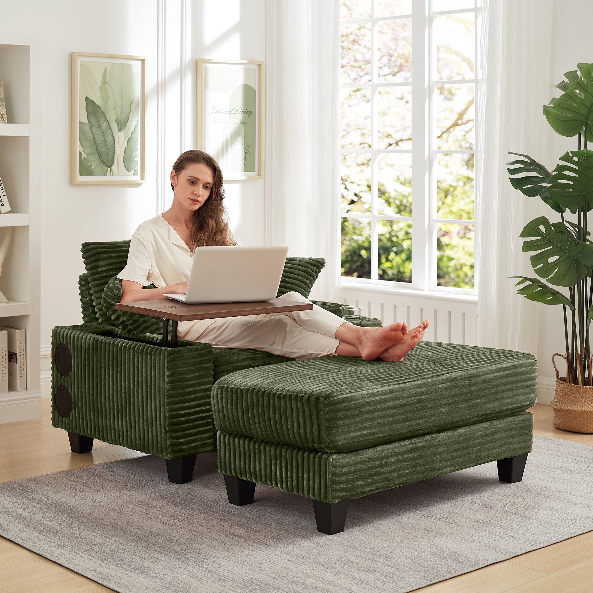 Aukfa Corduroy Chaise Lounge Chair with Ottoman, Hidden Rotating Table ...