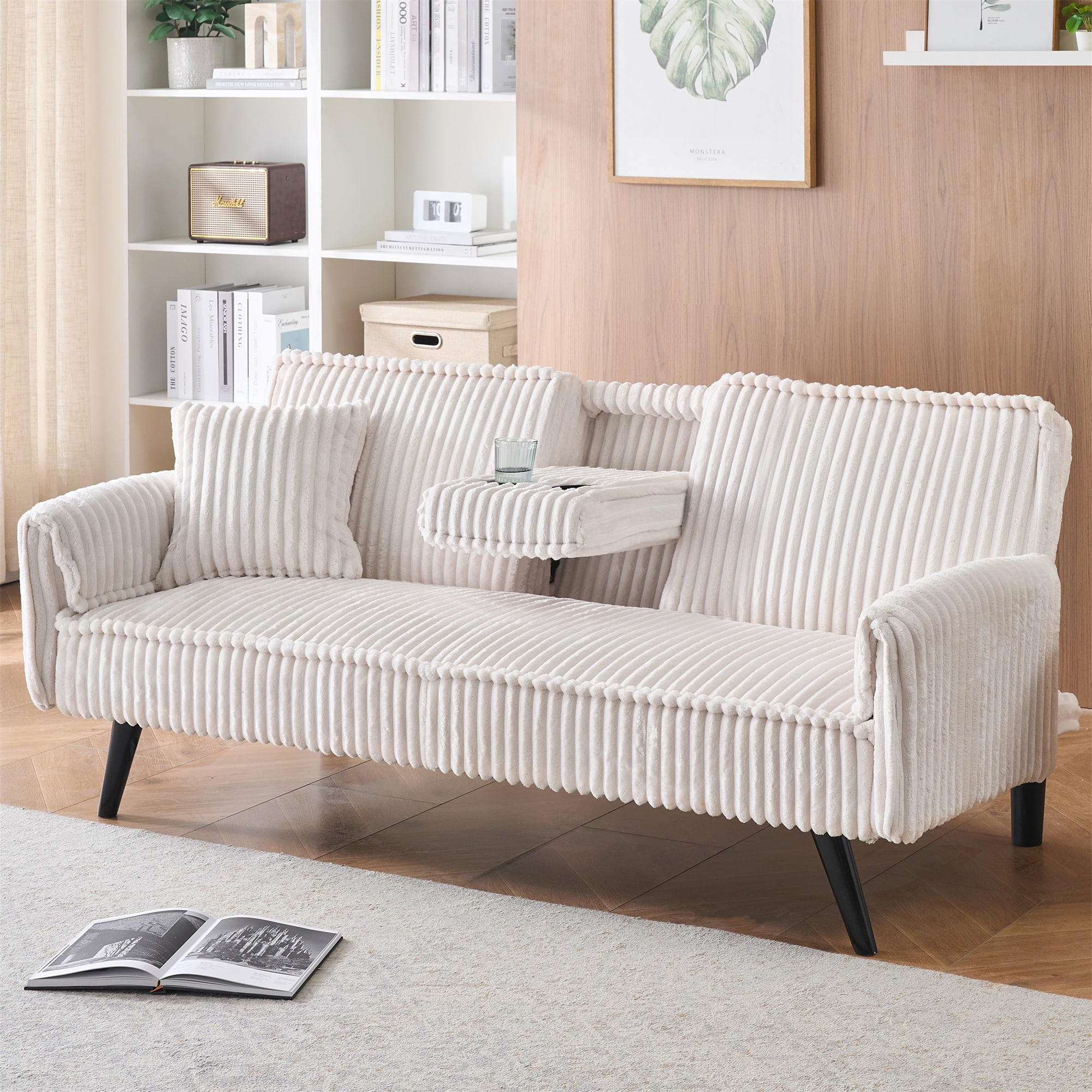 Aukfa Corduroy Futon Convertible Sofa Bed, 2 Cup Holders& Pillow ...