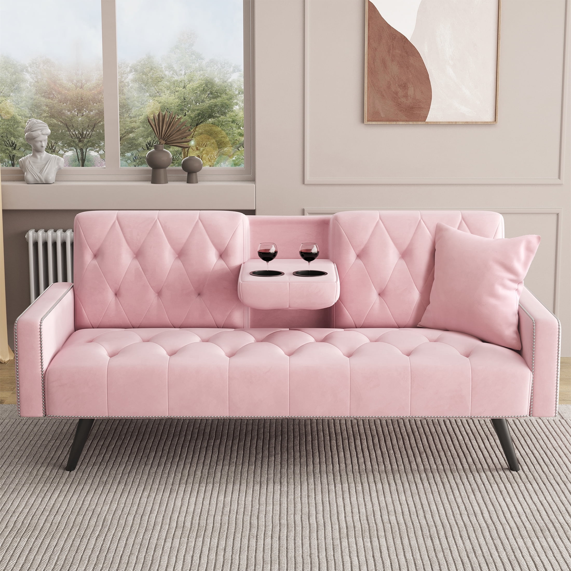 Aukfa Velvet Futon Convertible Sofa Bed for Home Office, 2 Cup Holders ...