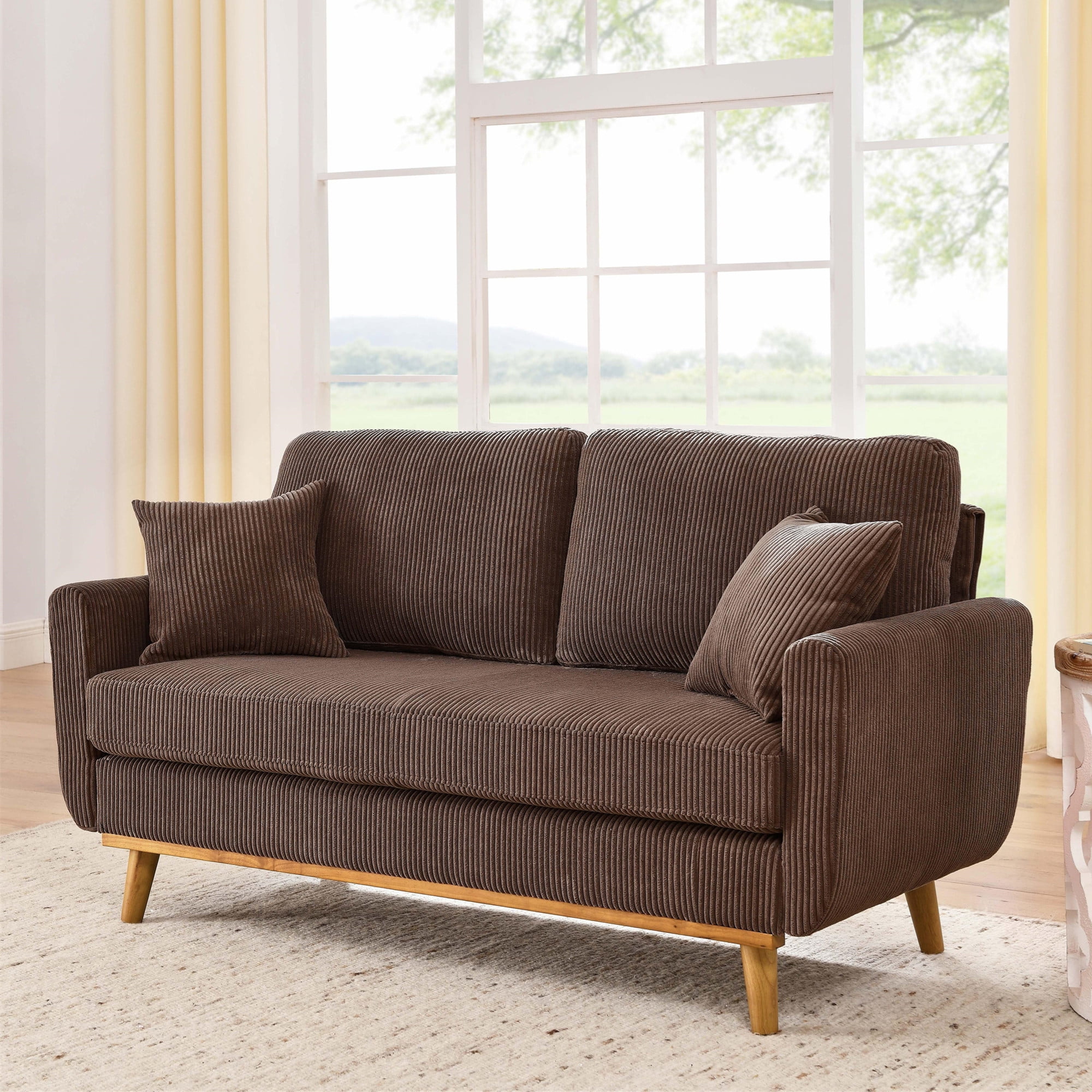 Aukfa Deep Seat Sofa Couch 65" Loveseat w/ 2 Pillows for Living Room Bedroom, Corduroy, Brown ...