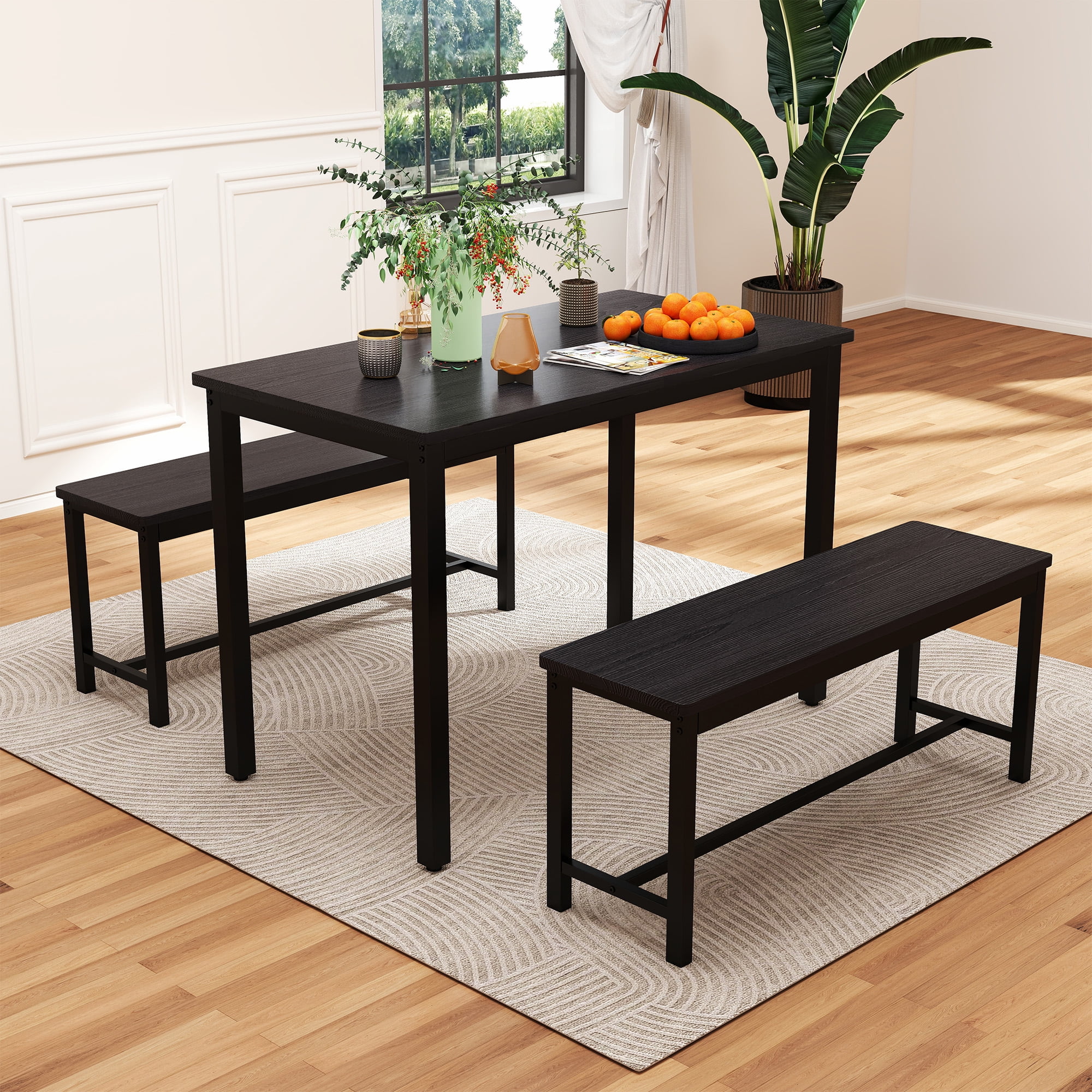 Aukfa Dining Table Set for 4, Rectangular Kitchen Table W/ 2 Benches ...