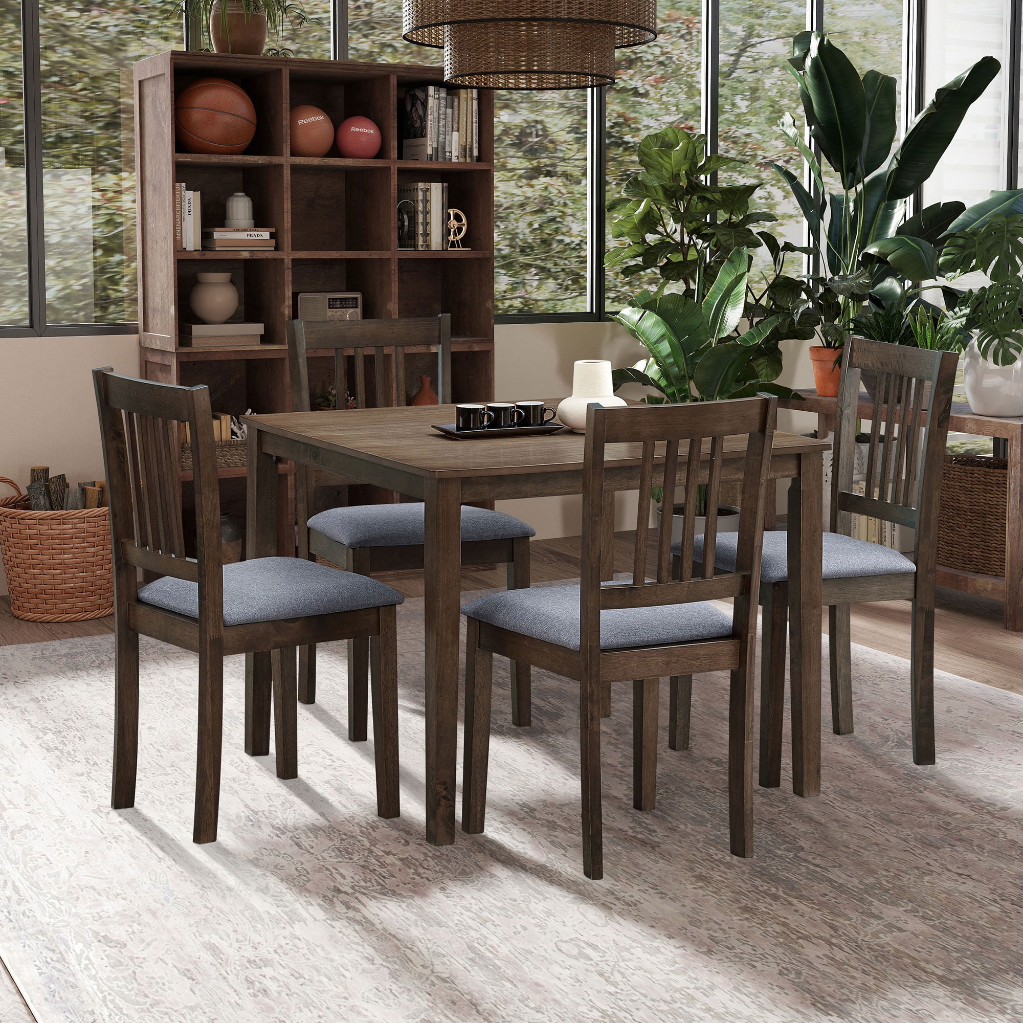 Aukfa Dining Table Set for 4, Wooden Dining Table w/ 4 Upholstered ...