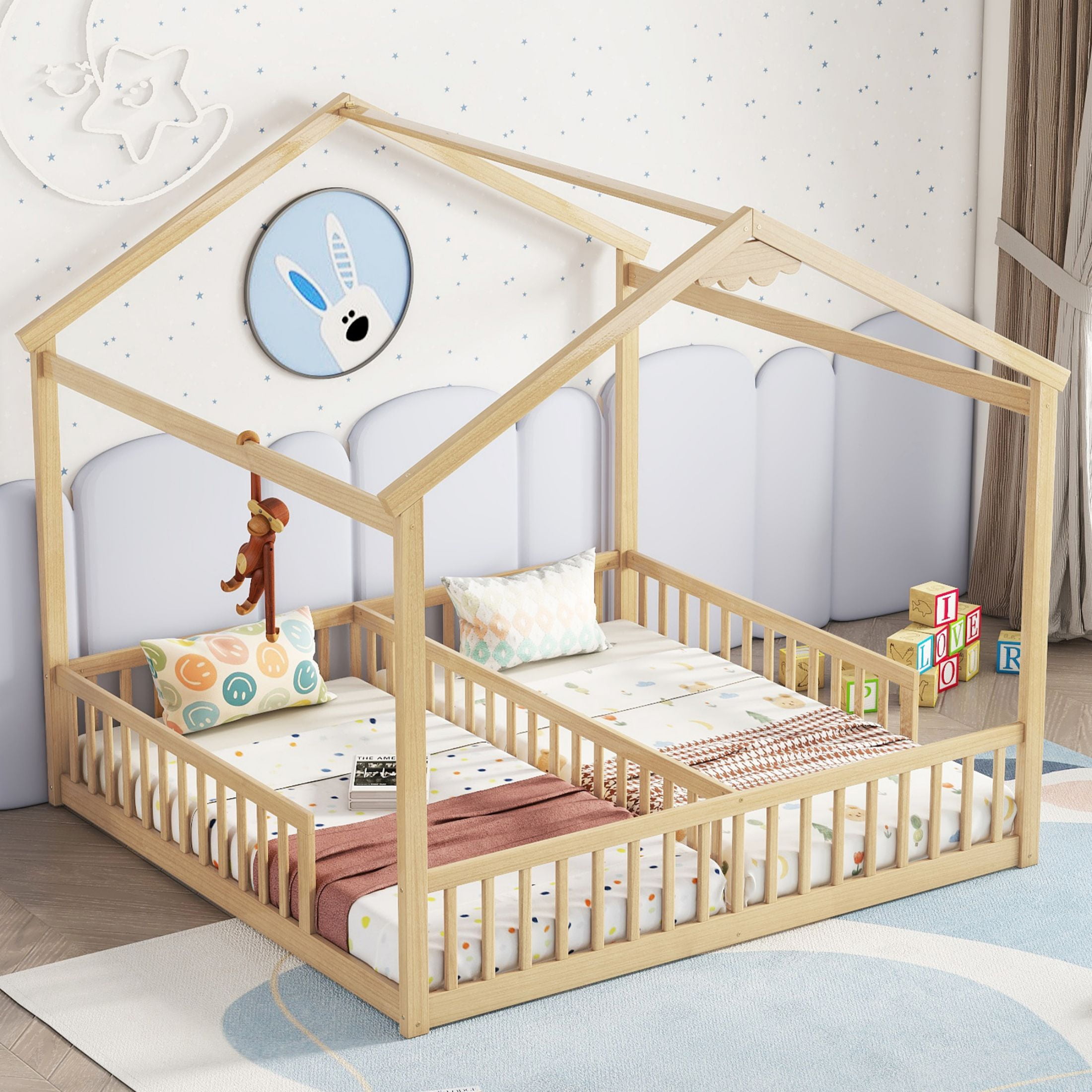 Aukfa Double Twin Bed Frame for 2 Kids Toddlers, Two House Bed with ...